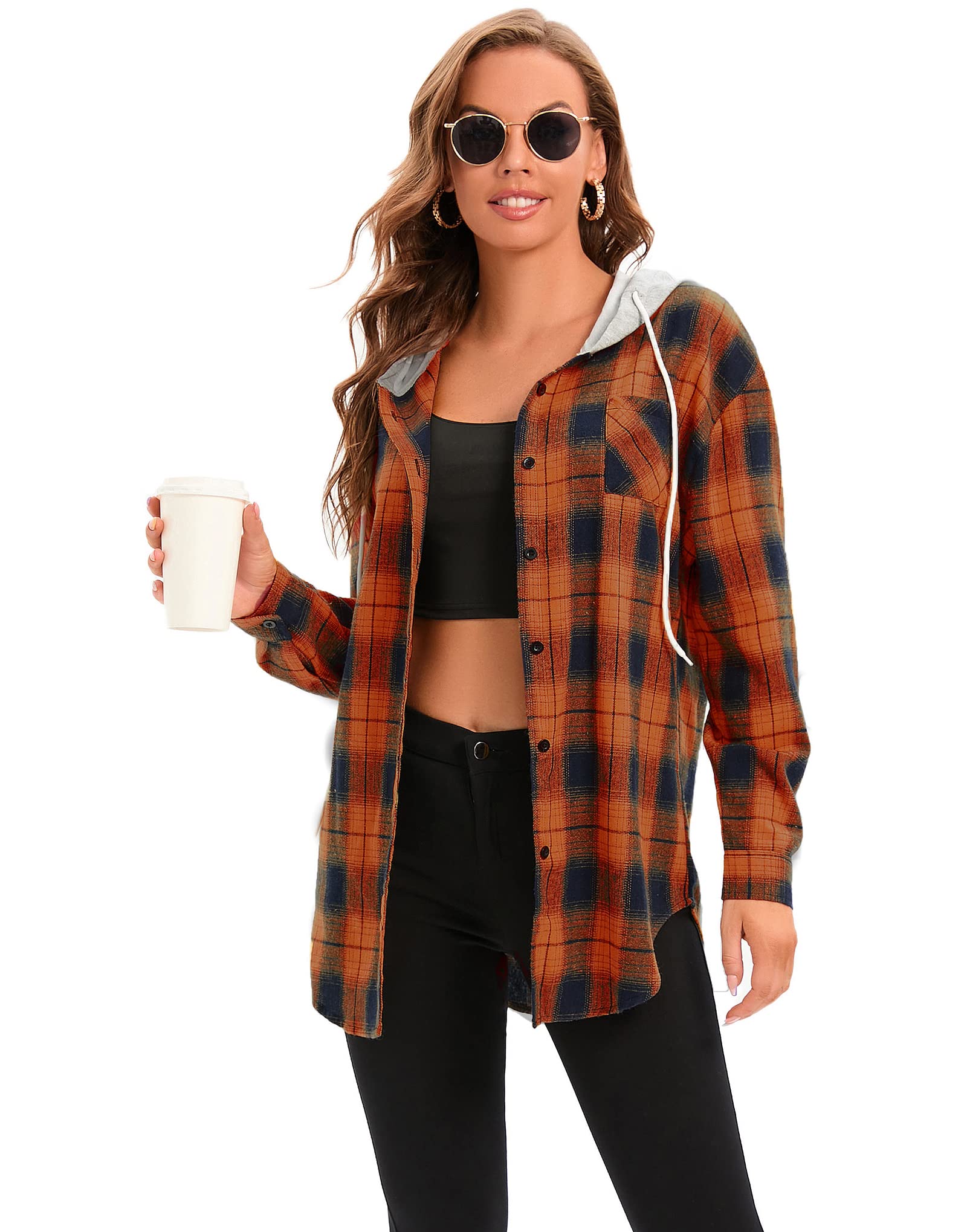 Womens Flannel Shirts Long Sleeve Oversized Boyfriend Shirts Button Down Plaid Hoodie Orange