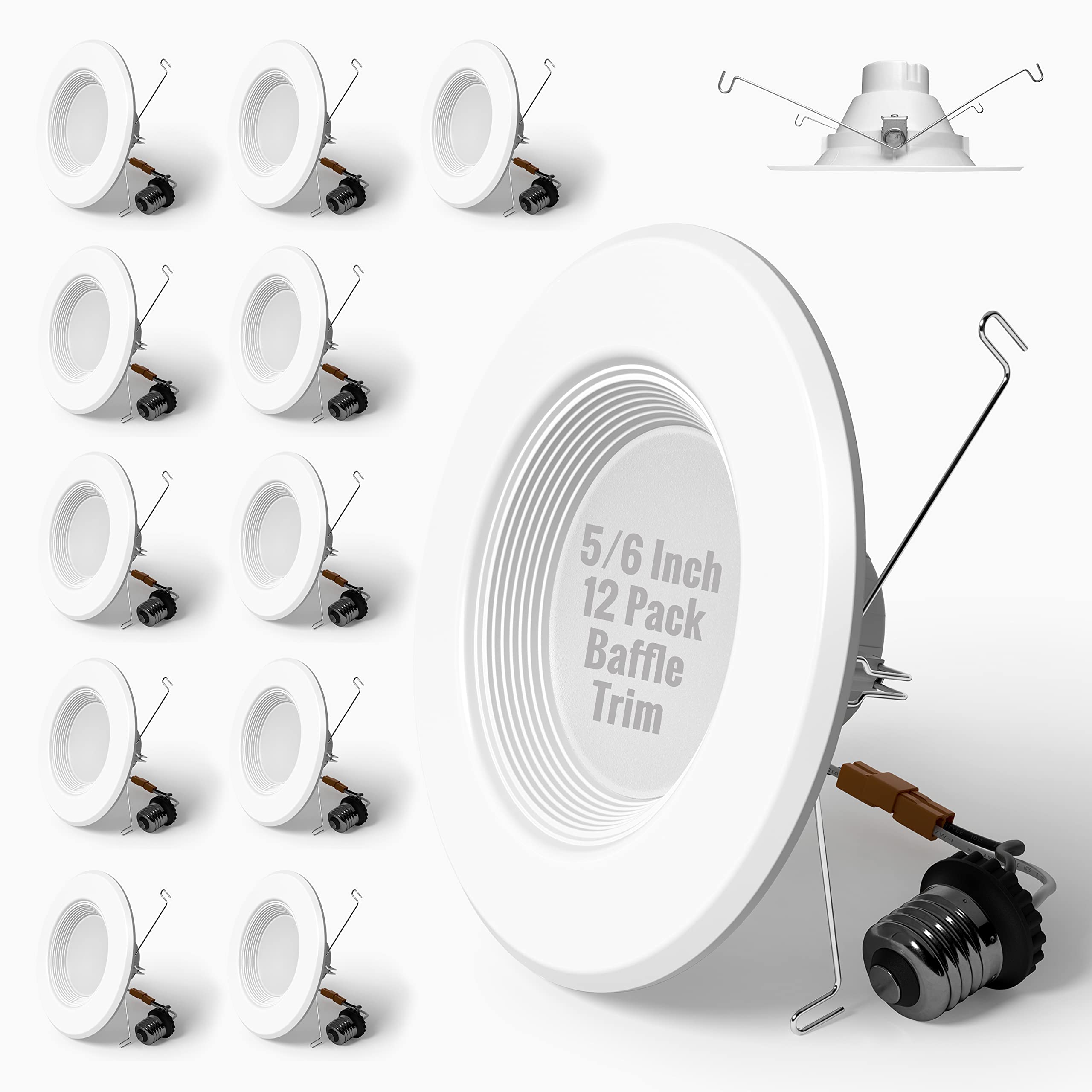 SunLake 12 Pack LED Recessed Lighting, LED Ceiling Lights Fixtures, 5/6 Inch Downlight, Baffle Trim, 12 WATT = 75 WATT, Dimmable 3000k Warm White, UL and Energy Star Certified
