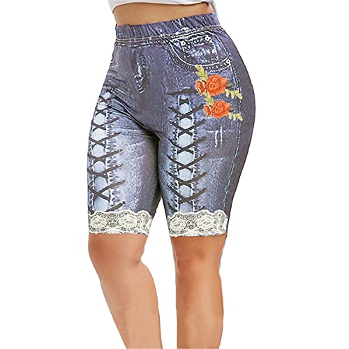 Women's Plus Size High Waist Printed Jeans Shorts Lace Patchwork Butt Lifting Denim Short Running Gym Stretchy Leggings (Grey,X-Large)