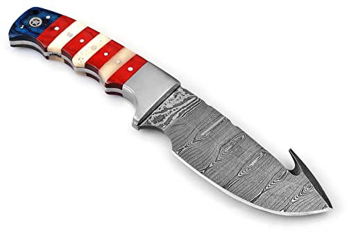 zZZ Damascus Gut Hook Skinning hunting Knife With Leather Sheath- Best Damascus Steel American Flag Hunting Knife