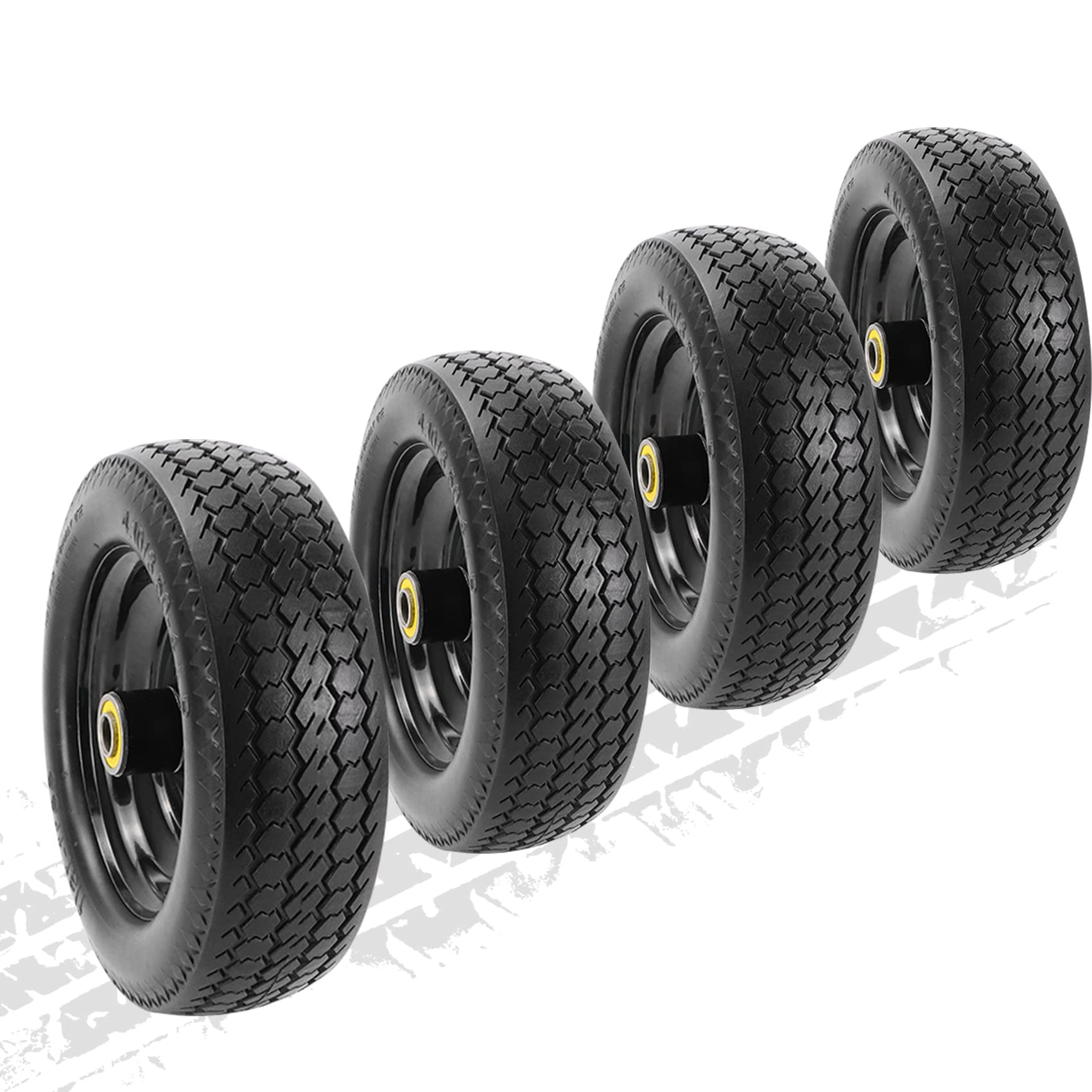 Upgraded 10" Flat Free Wheels Compatible with Garden Cart, 4.10/3.50-4" Replacement Solid Tires with 5/8″ Bearings, Solid Rubber Wheels for Garden Carts/Hand Truck-4PCS