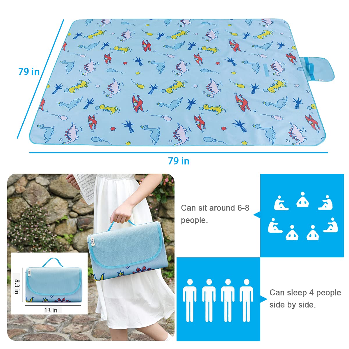 VANSU Picnic Blanket Large Size Sandproof Camping Blanket for 6-8 Adults Waterproof Foldable Lightweight Outdoor Blanket for Beach,Travel, Camping, Hiking(Light blue)