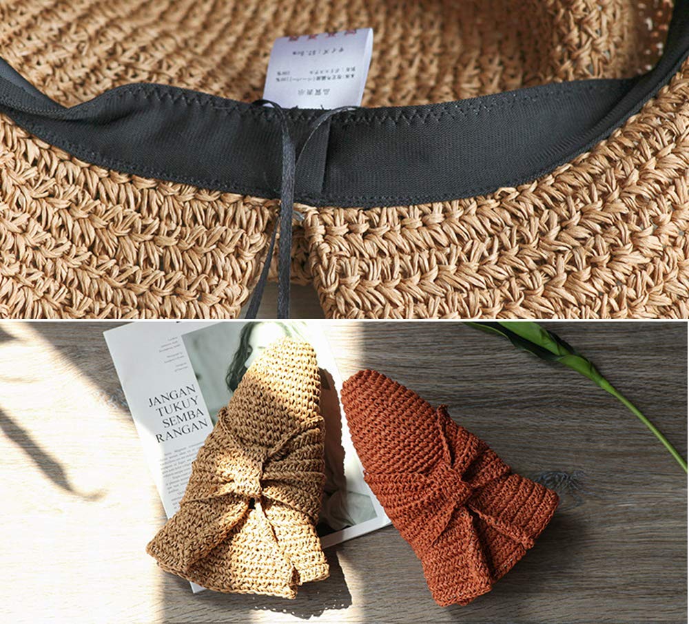 Womens Summer Sun Beach Straw Hat UPF50 Travel Foldable Wide Brim Summer UV Hat with Big Bow (Coffee)