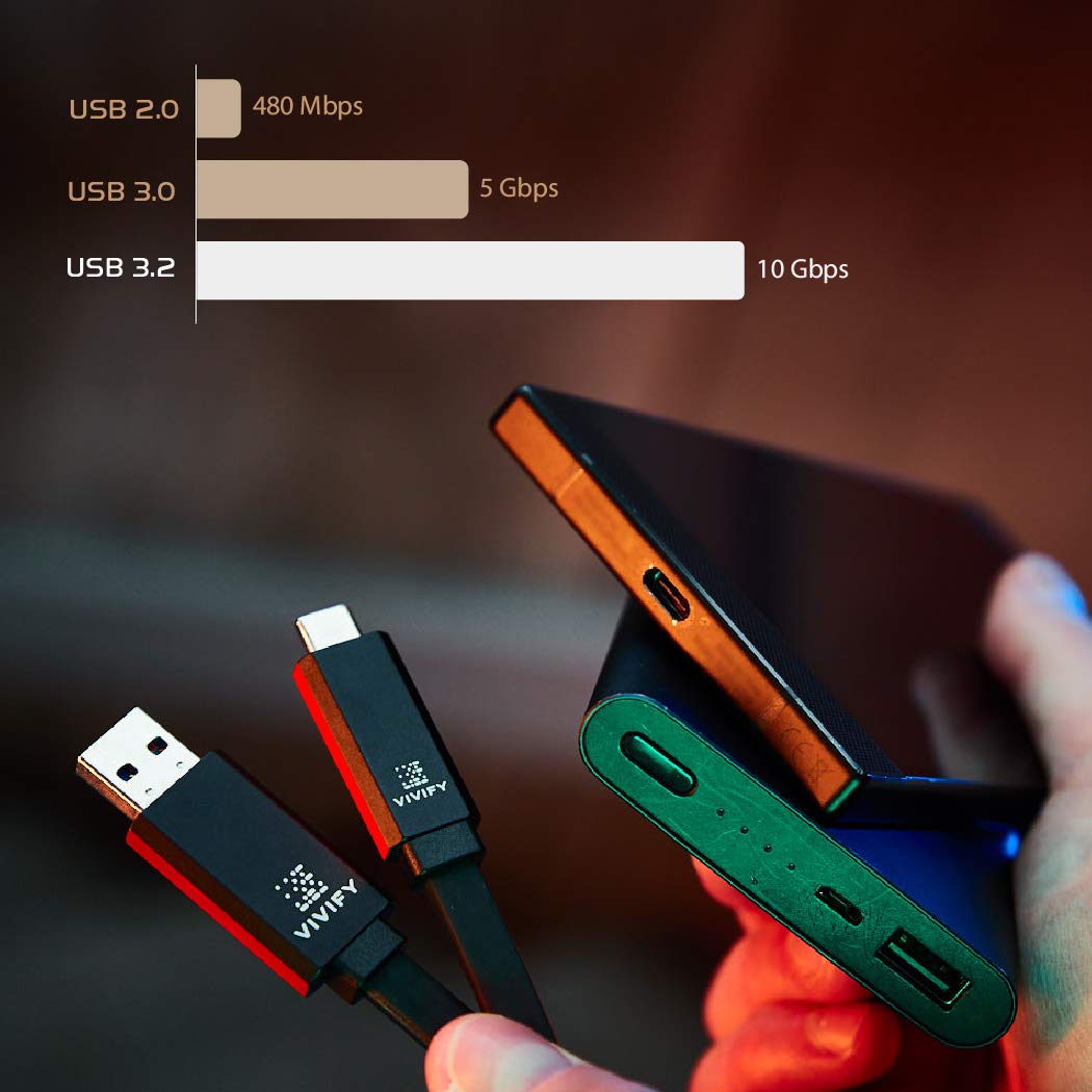 VIVIFY ACESO W10 RGB Led Gaming Light up Type C USB 3.1 3.2 Gen 2 Quick Charge 3 QC3 10 Gbps Car Mobile Cable Orange 3.2ft