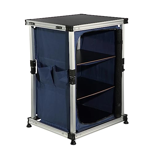 VEVOR Camping Kitchen Table Storage, Outdoor Pop-up Aluminum Portable Folding Cook Station with 3-Tier Organizer, Side Pocket & Carrying Bag, Quick Set-up for BBQ Party Backyard RV Traveling, Blue