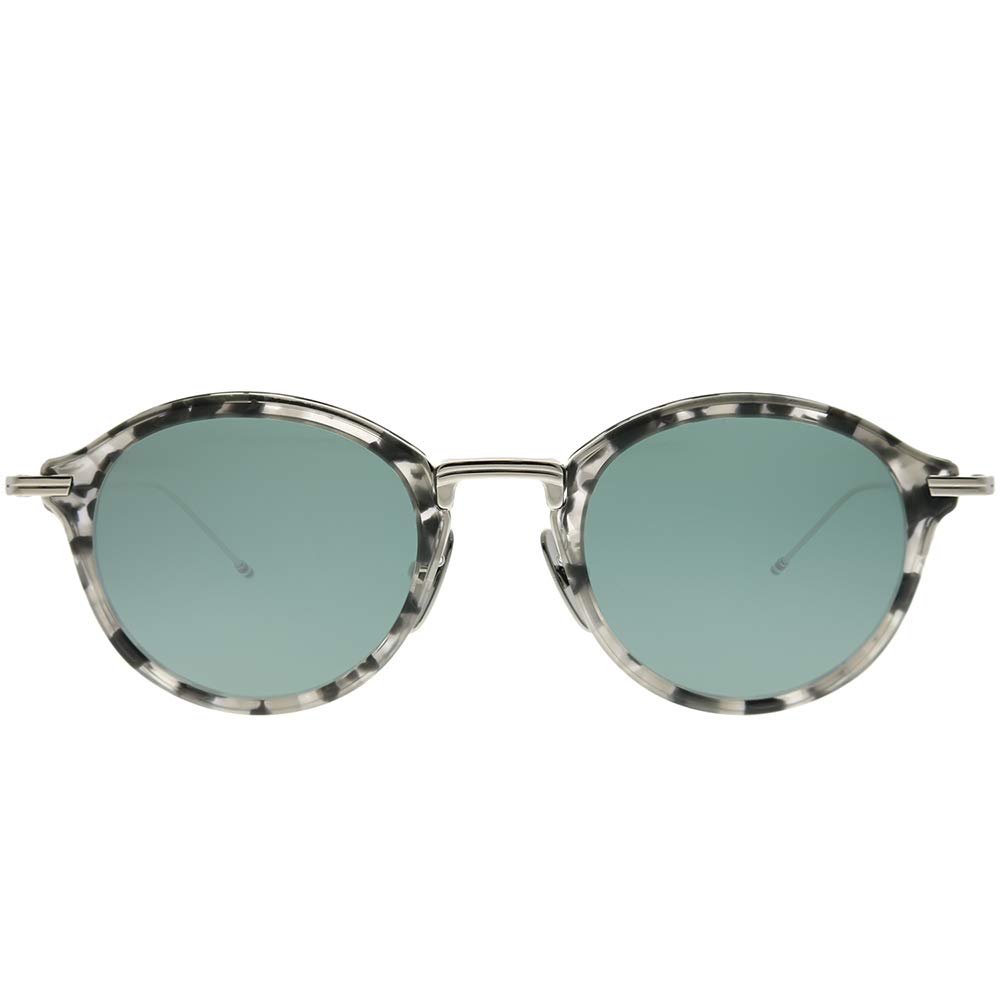 Thom Browne TBS908 46-03 Grey Tortoise Silver Plastic Round Sunglasses Silver Flash AR Lens