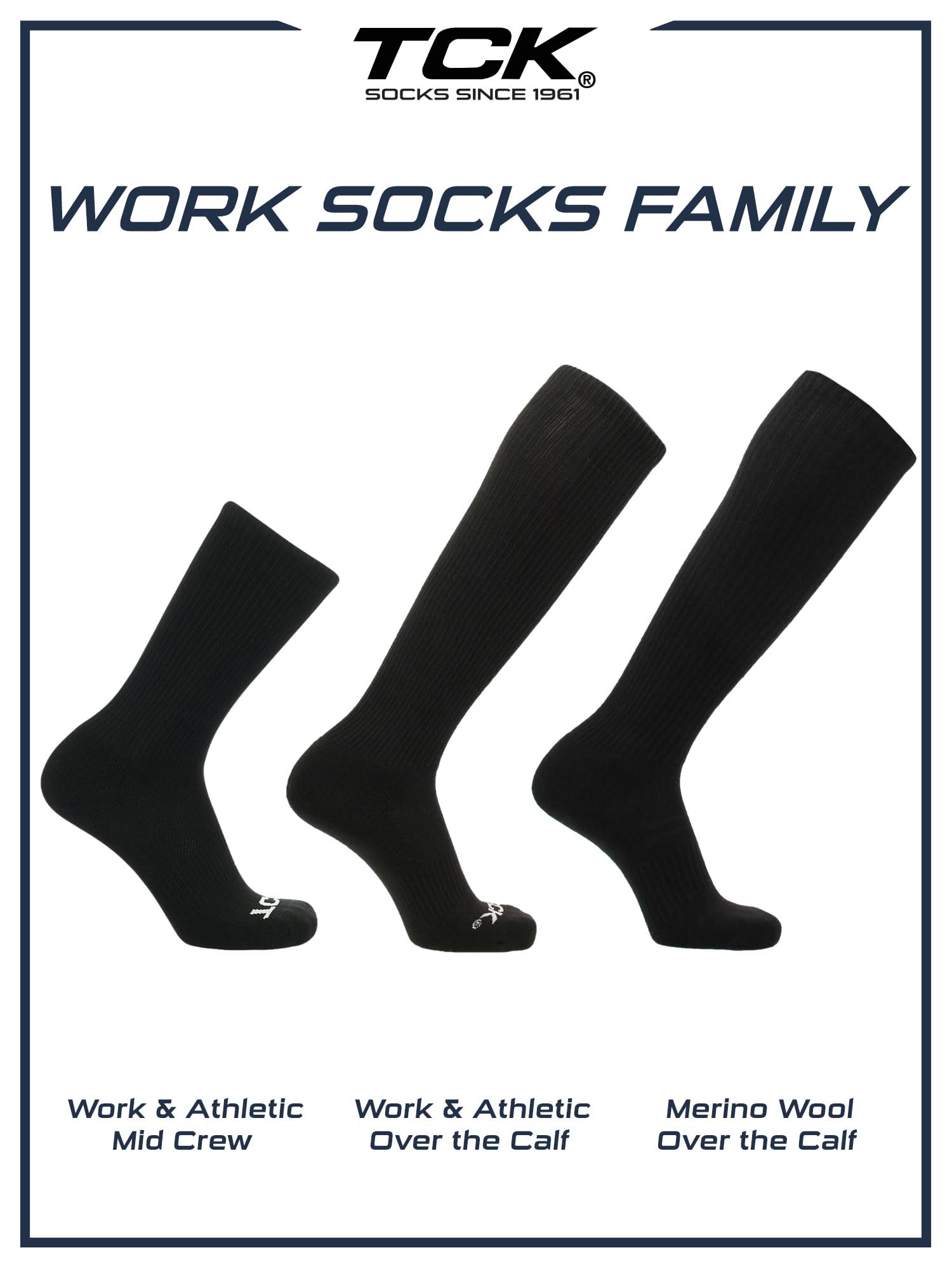 TCK Over the Calf Work Socks 3 Pair Moisture Wicking for Men and Women (Black, Large)