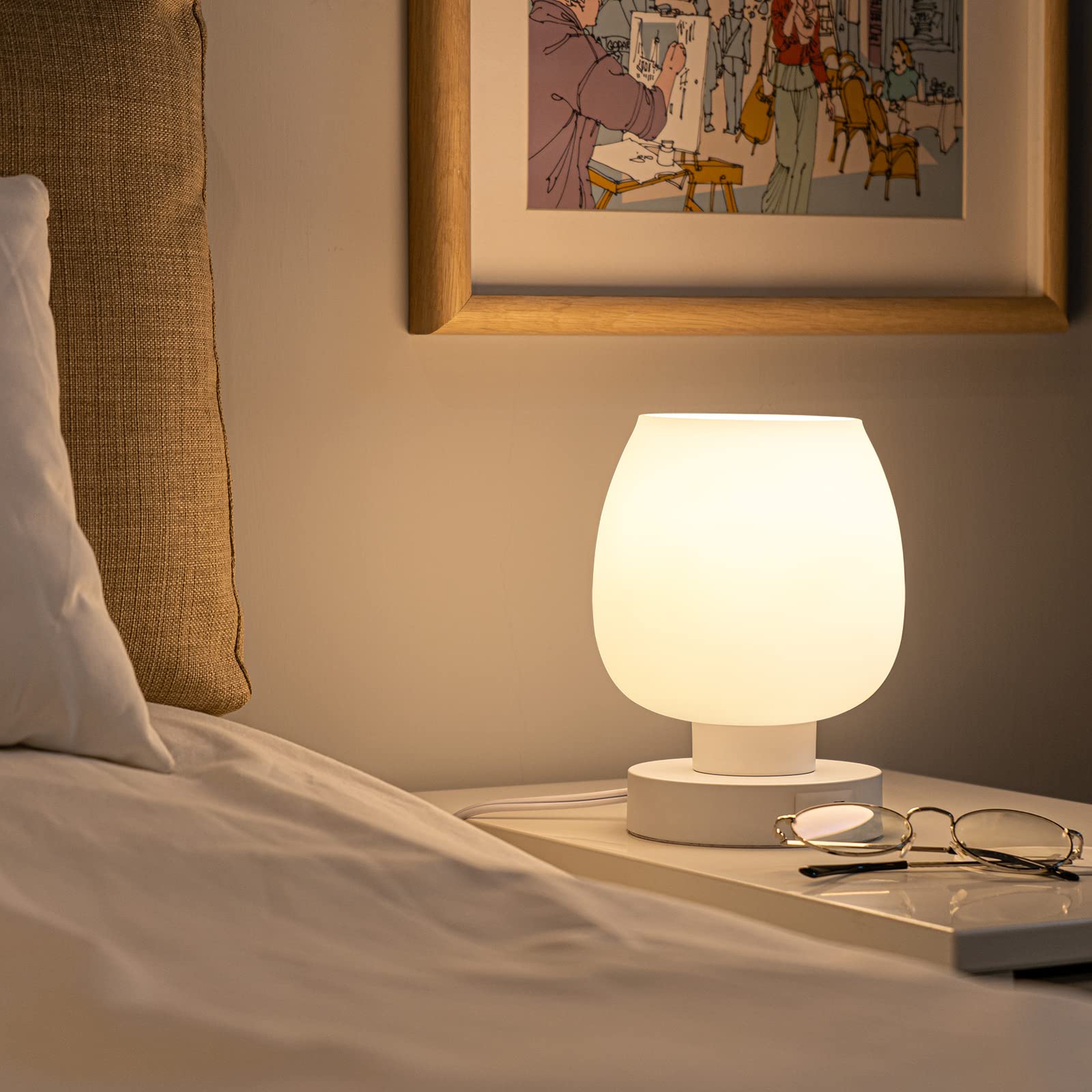 Touch Bedside Table Lamp Set of 2 - Small Modern Nightstand Lamp for Bedroom with USB C+A Charging Ports, 3-Way Dimable Desk lamp with White Opal Glass Lamp Shade, 3000K LED Bulb, Simple Design