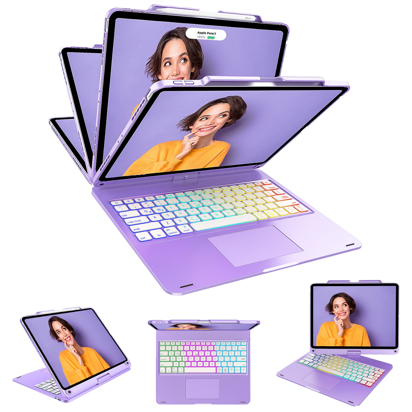 Touch Keyboard Case for iPad Air 13 M2 2024, iPad Pro 12.9 Case with Keyboard 6th/5th/4th/3rd Generation, Trackpad, 360° Rotatable, Wireless Keyboard Cover, 7 Modes Rainbow Backlits with Pencil Holder