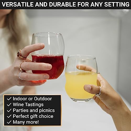 Unbreakable Plastic Stemless Wine Glasses 18 oz - 100% Tritan - Proprietary Anti Slip Design - BPA Free, Dishwasher Safe, Shatterproof - Heavy Duty Base and Extra Thick Glassware Tumblers - Set of 4