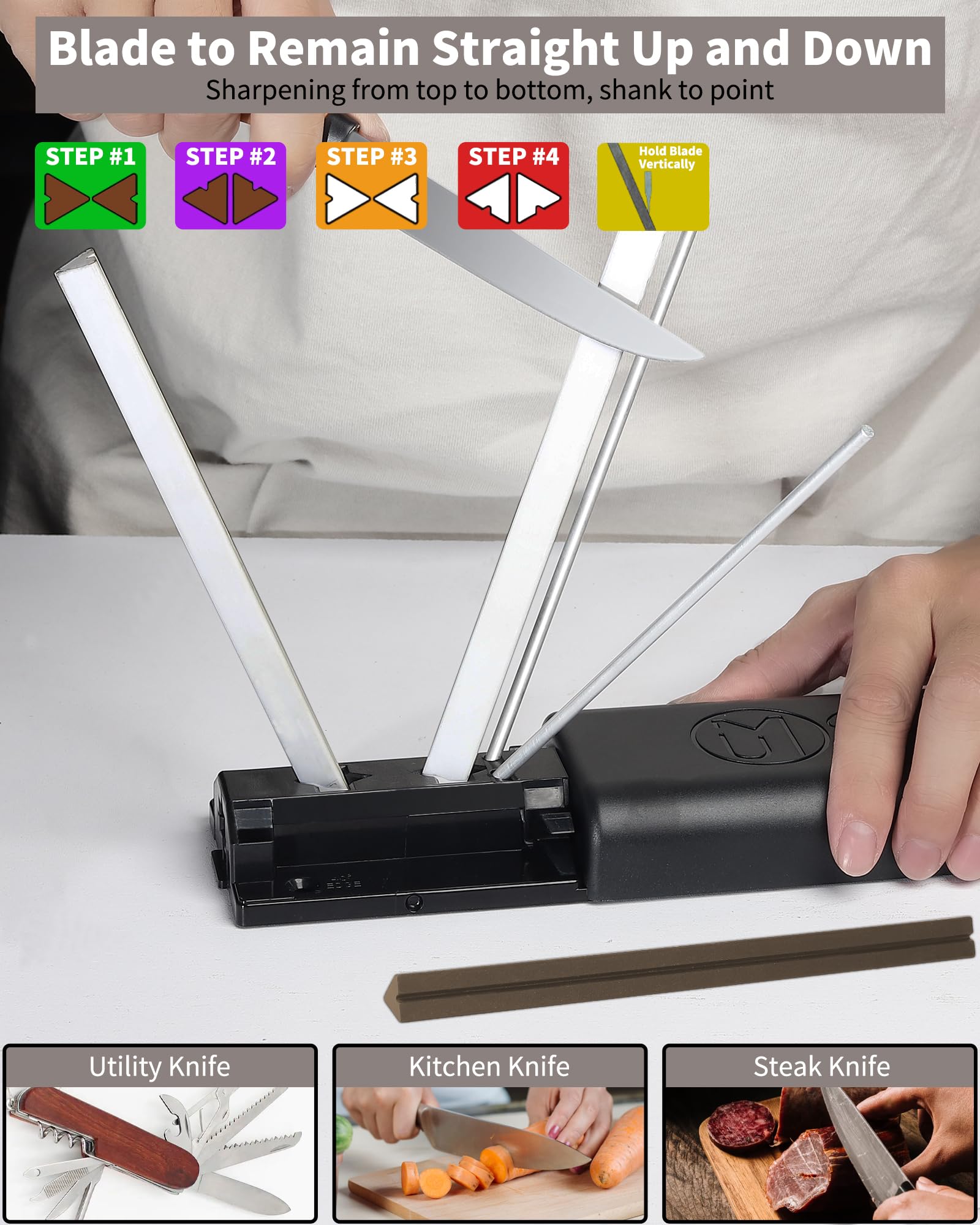 Tri knife sharpener with Safety Rods, Premium Alumina Ceramic Stones, Sharpener Rods for Quickly Repairing and Polishing Straight for Kitchen Knives, Scissors, and Razors
