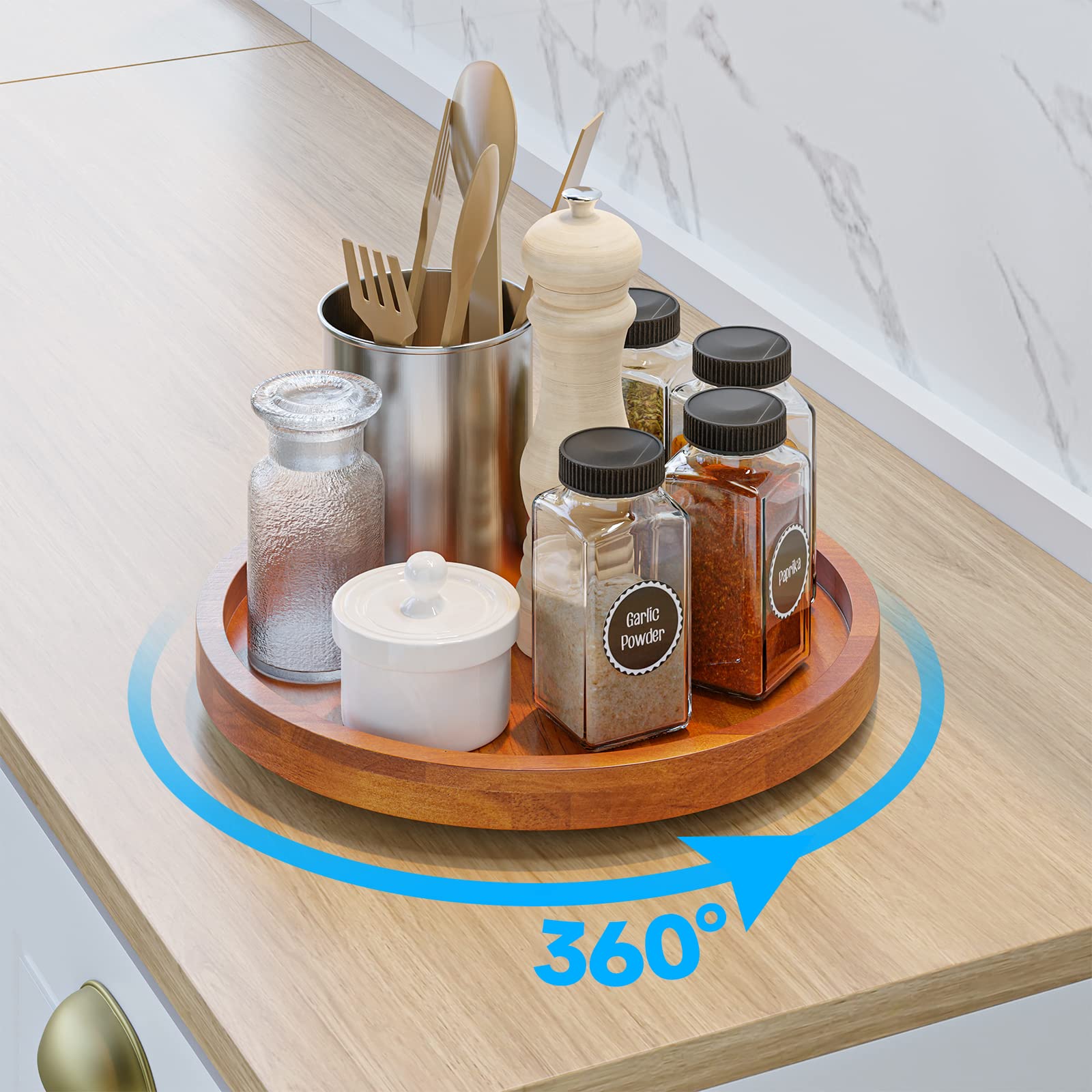 Turntable Vanity Tray 12 Inch, Makeup Organizer and Storage Trays for Counter, Wood Decorative Tray for Perfume Candle, Bathroom Sink Countertop Organizer, Brown