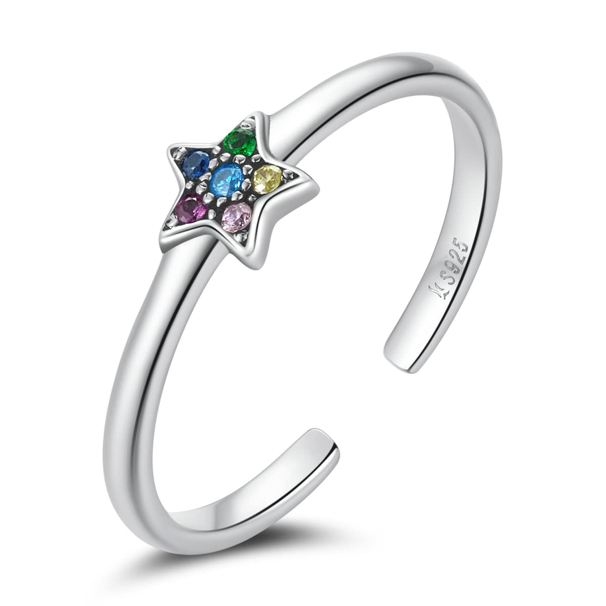 VUZALRANO S925 Sterling Silver Colorful Star and Crescent Moon Open Statement Rings CZ Lucky Star Engagement Promise Eternity Ring Tail Finger Band Wedding Bands, Star