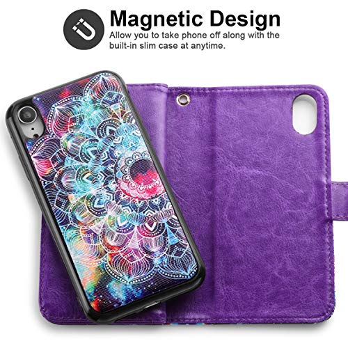 Vofolen Case for iPhone XR Case Wallet Leather PU Flip Cover Folio Detachable Magnetic Slim Shell Dual Layer Heavy Duty Protective Bumper Armor Wristband Card Holder for iPhone XR 10R Flower Mandala