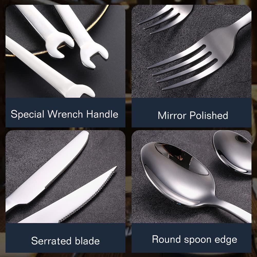 Silverware Set 6 Pcs, Stainless Steel Wrench Handle Flatware Set Forks and Spoons Set Durable Food-Grade Serving Cutlery set Tableware Eating Utensils(Silver)