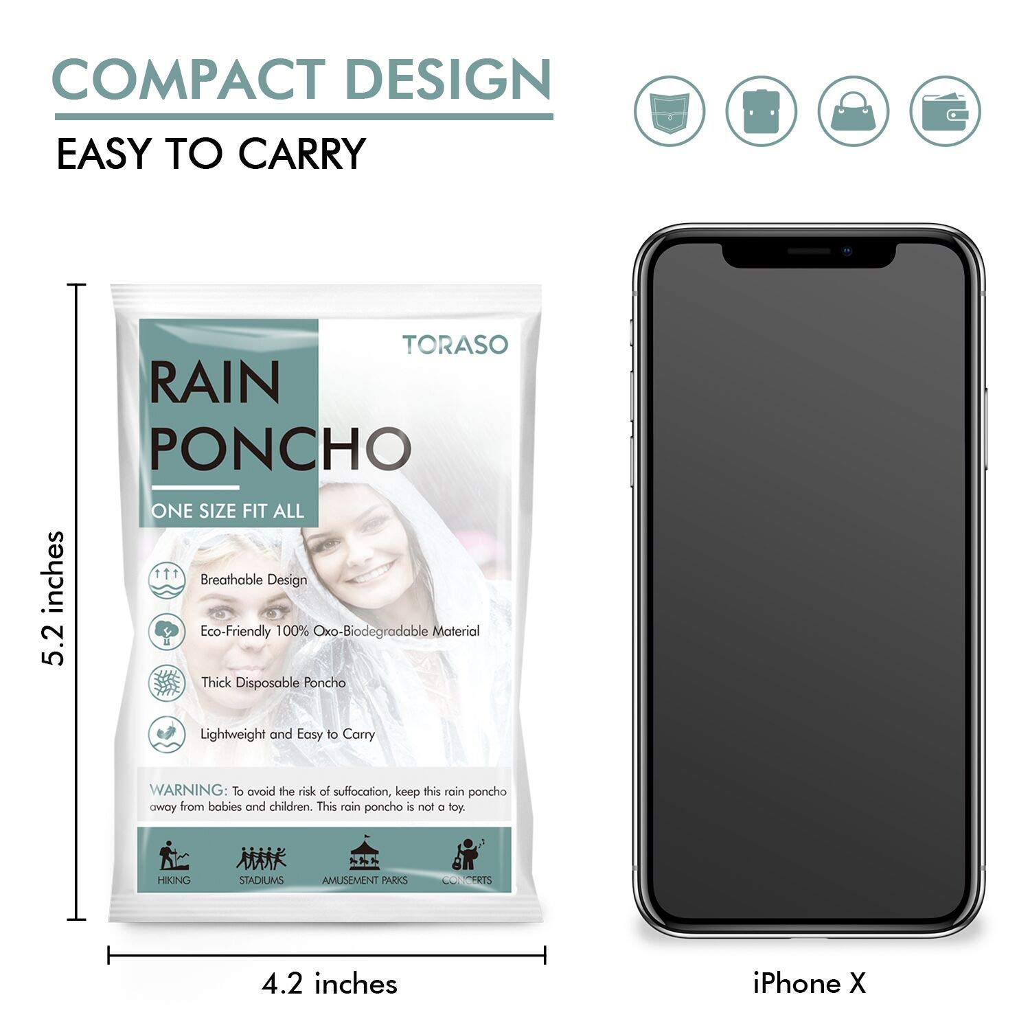 TORASO Rain Poncho with Hood for Adults, Disposable Clear Rain Poncho Adult Emergency Raincoats Disposable(YP, 2pcs)