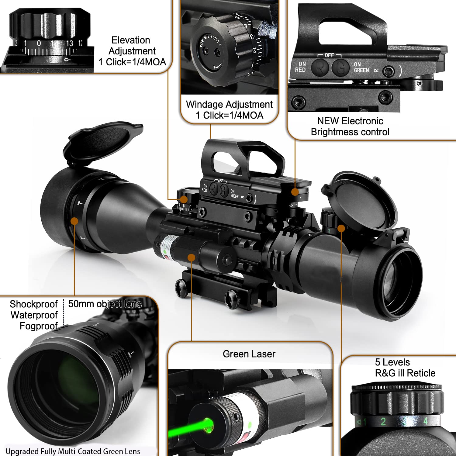 XOPin 4-16x50AO Rifle Scope Combo Dual Illuminated with Green Laser Sight 4 Holographic Reticle Red/Green Dot for Weaver/Rail Mount