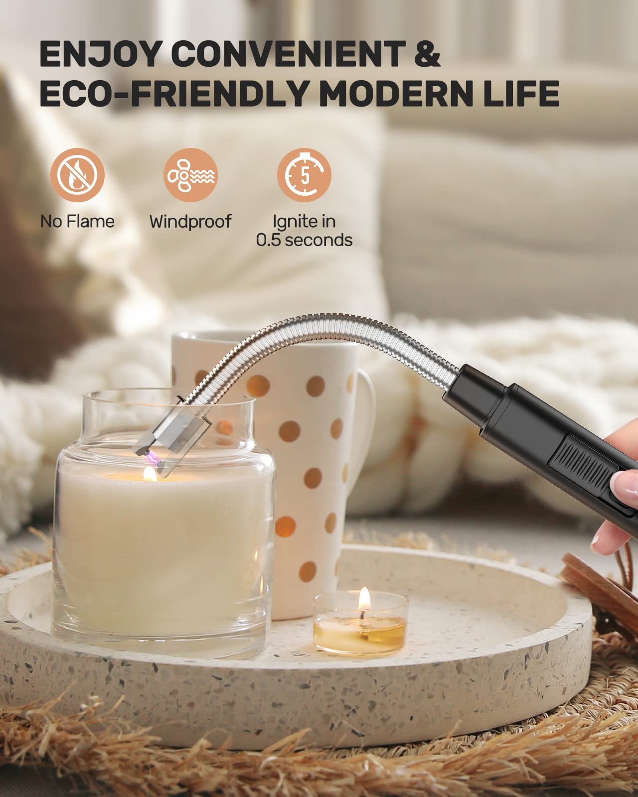 RONXS Lighter Electric Lighter, Candle Lighters USB Rechargeable Arc Lighter with Hanging Hook, LED Battery Display Long Lighters for Candle Grill BBQ Home Outdoor