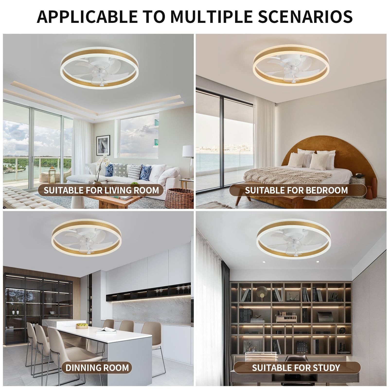 SYNHOK Flush Mount Ceiling Fans with Lights,dimmable Low Profile Ceiling Fans with Lights,Timing and Reversible Lighting&Ceiling Fans, 3 Light Color and 6 speeds Ceiling Fan with Lights,Simple Gold