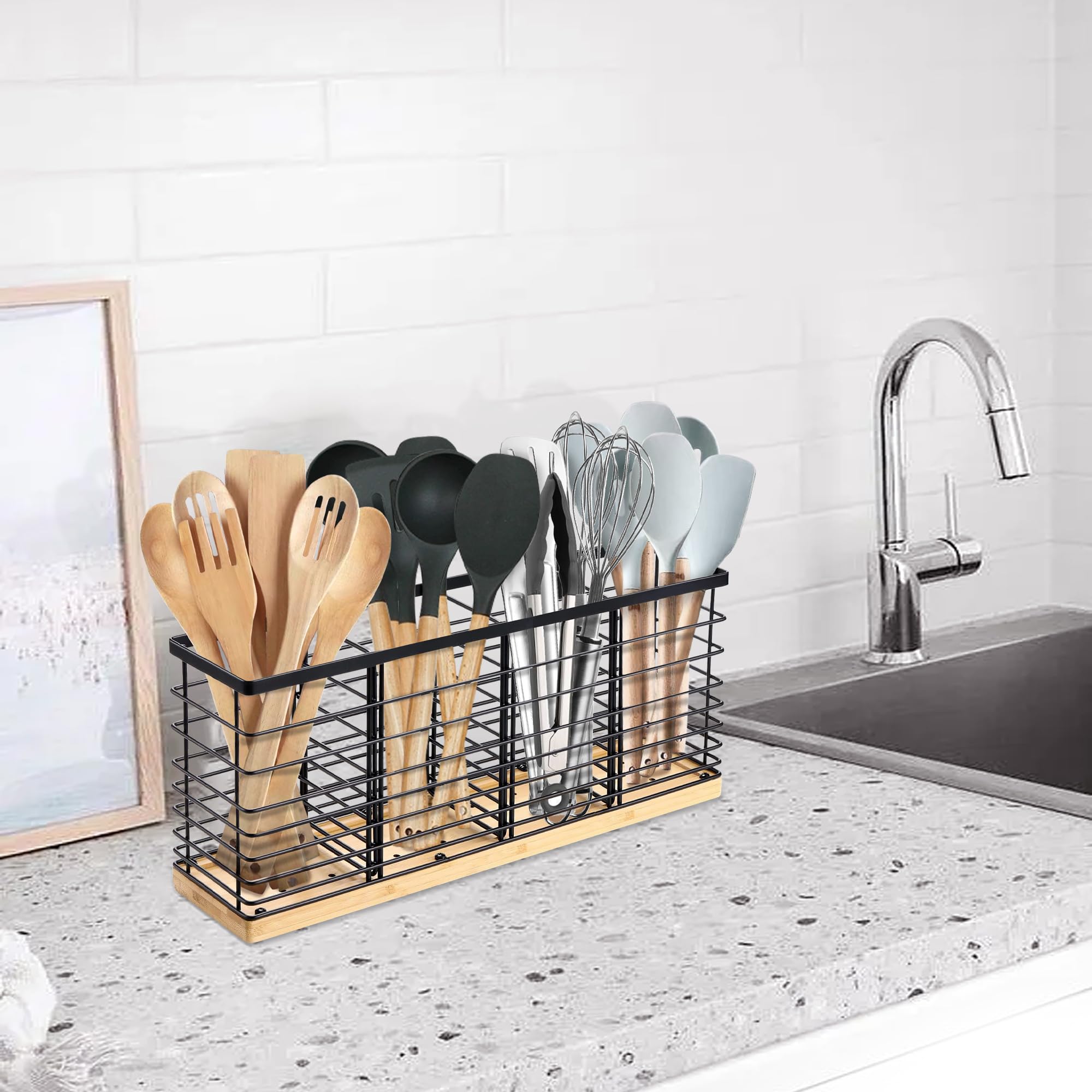 Suli Extra Large Kitchen Utensil Holder with 4 Compartments,Matte Black Metal holder with Wooden Base for Kitchen Countertop,Farmhouse Cooking Utensil Storage, Rustic Cooking Utensil