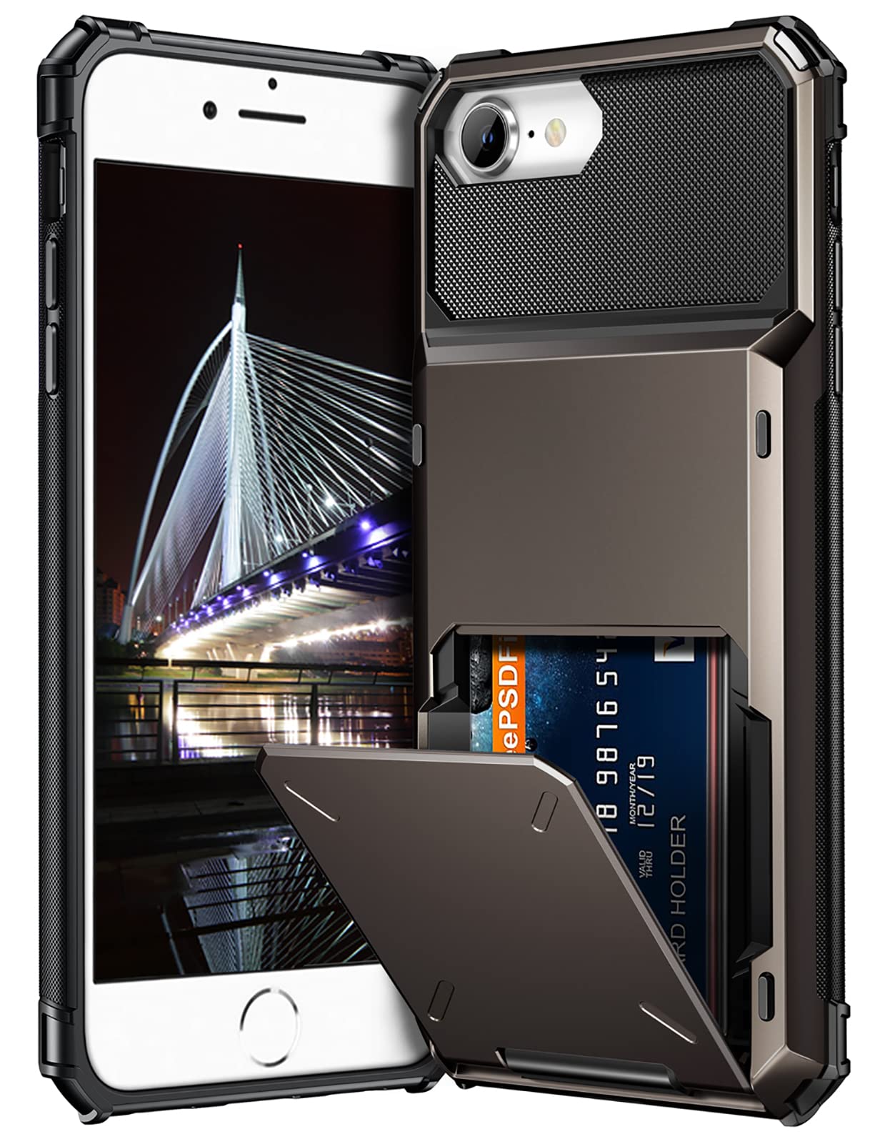Vofolen for iPhone 6s Case iPhone 8 Wallet iPhone SE 2020 Case Credit Card Holder ID Slot Pocket Dual Layer Protective Bumper Rugged TPU Rubber Armor Hard Shell Cover for iPhone 6 6s 7 8 SE2 Gun Color
