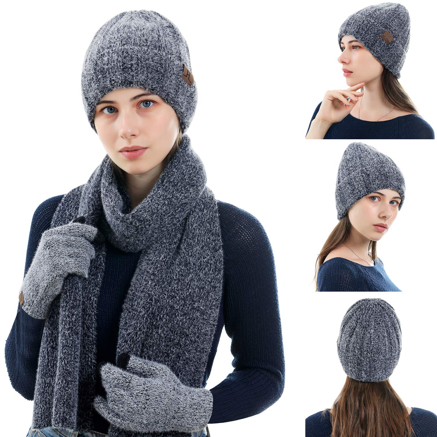 Womens Winter Warm Knit Beanie Hat Touchscreen Gloves Long Neck Scarf Set with Fleece Lined Skull Caps Gifts for Women Men