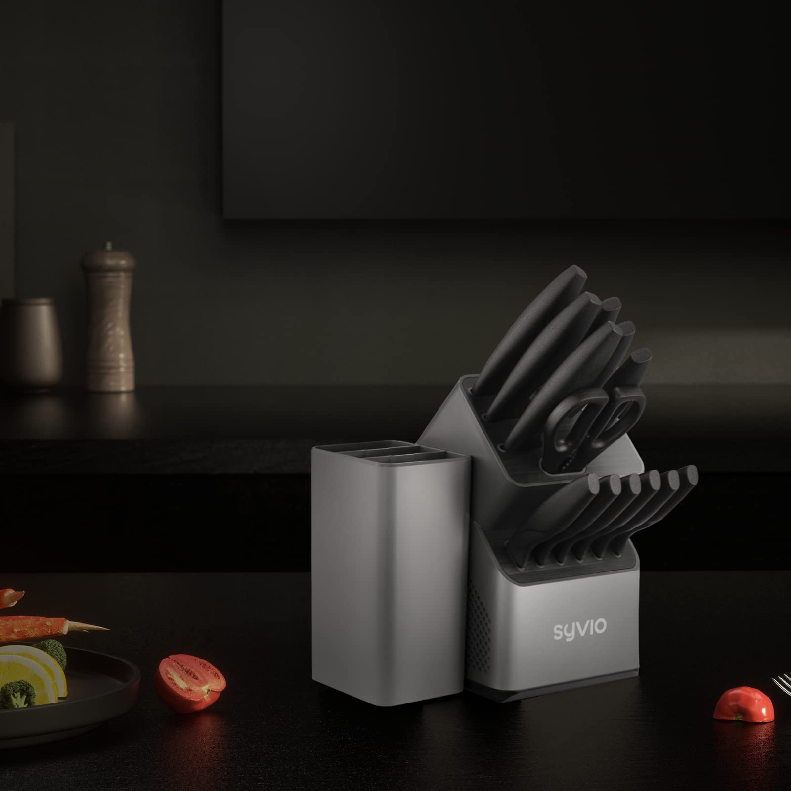 syvio Knife Sets for Kitchen with Block and Utensil Holder, Knives Set for Kitchen 15 Pieces with Built-in Sharpener, Knife Block Set for Storing, Slicing, Dicing&Cutting