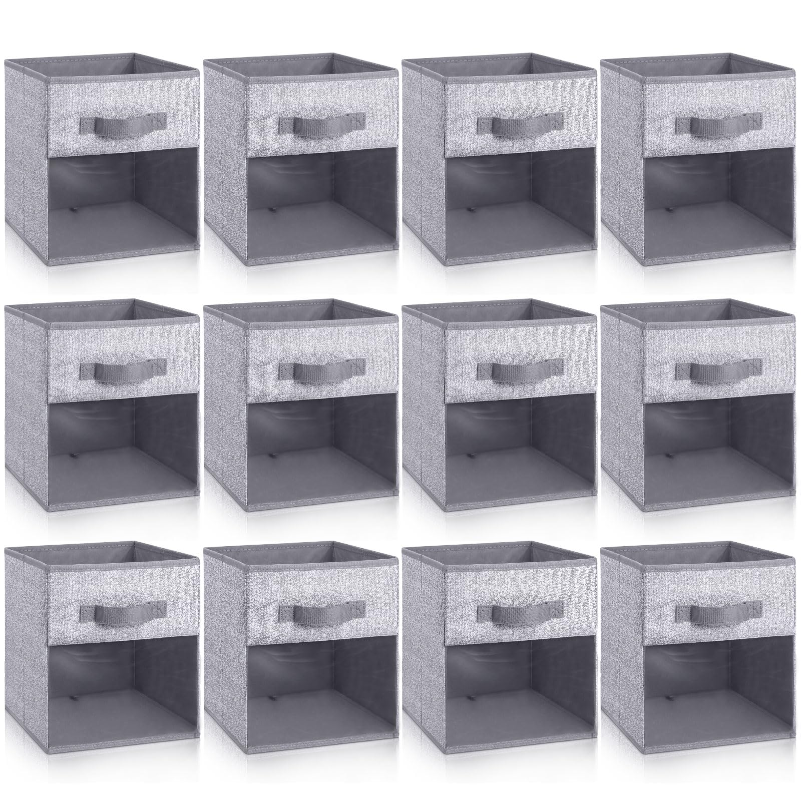 Tenceur 12 Pcs Foldable Fabric Storage Cubes 10.43 Inch Storage Bins with 2 Durable Handles and Clear Window Collapsible Organization Basket Large Capacity Drawer for Shelf Bookcase Bedroom Cloth Toys