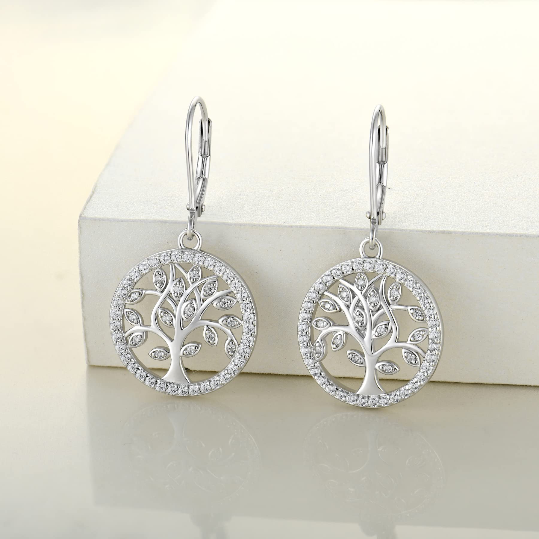 YL Tree Earrings 925 Sterling Silver Tree of Life Dangle Drop Earring Round AAA Cubic Zirconia Leverback Jewelry for Women