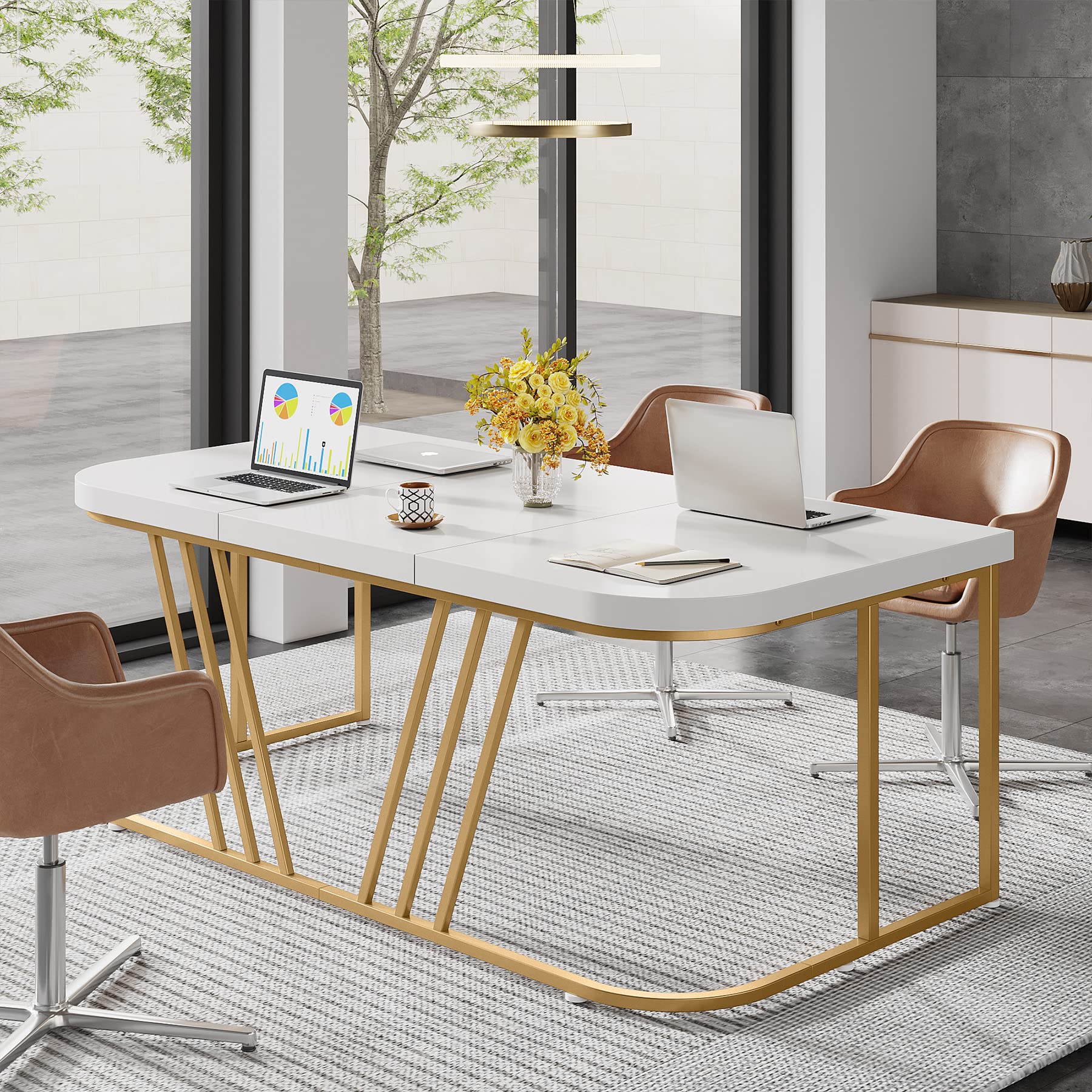 Tribesigns 63" Executive Desk, Large Home Office Desk with Metal Frame, Modern Wood Study Writing Computer Desk Conference Table for Home Office, White & Gold