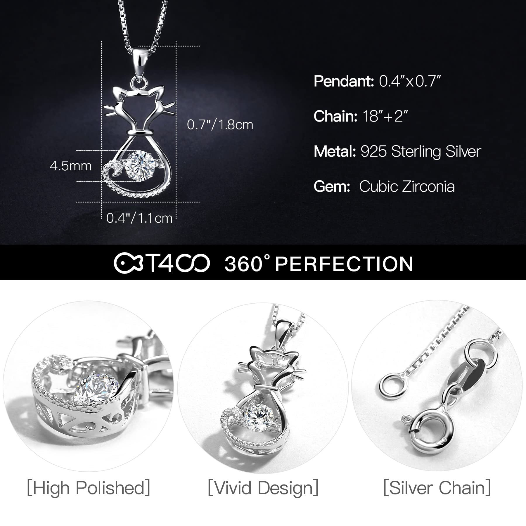 T400 Sterling Silver Cubic Zirconia Pendant Necklace Gift for Women
