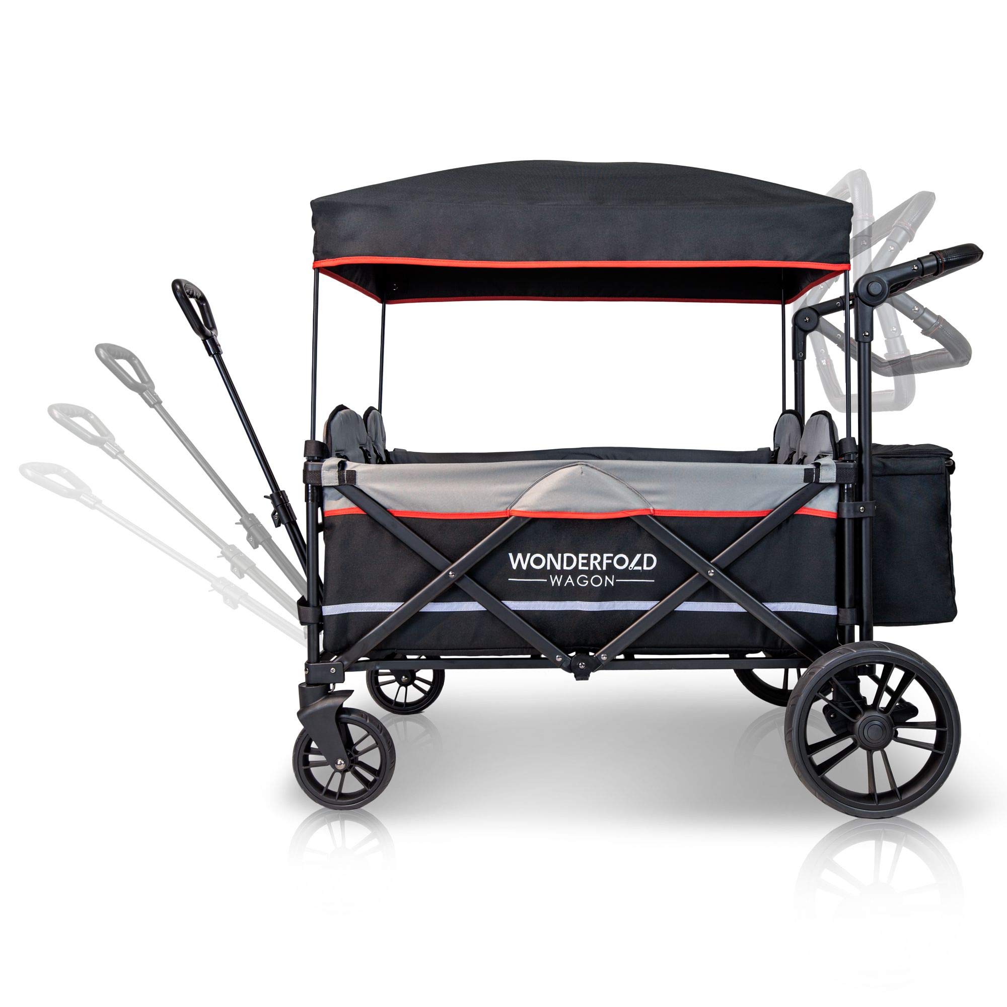 WONDERFOLD X4 Multi-Function Pull & Push 4 Passenger Quad Stroller Wagon with Removable Canopy, 5-Point Harness, and Reflective Safety Strip (Black, 4 Seats)