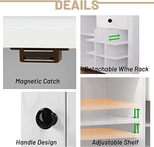 White Coffee Bar Cabinet, Farmhouse Coffee Station Cabinet with Storage, Small Coffee Bar Stand with 9 Wine Racks, Wine Bar Cabinet with Shelf for Kitchen Dining Room