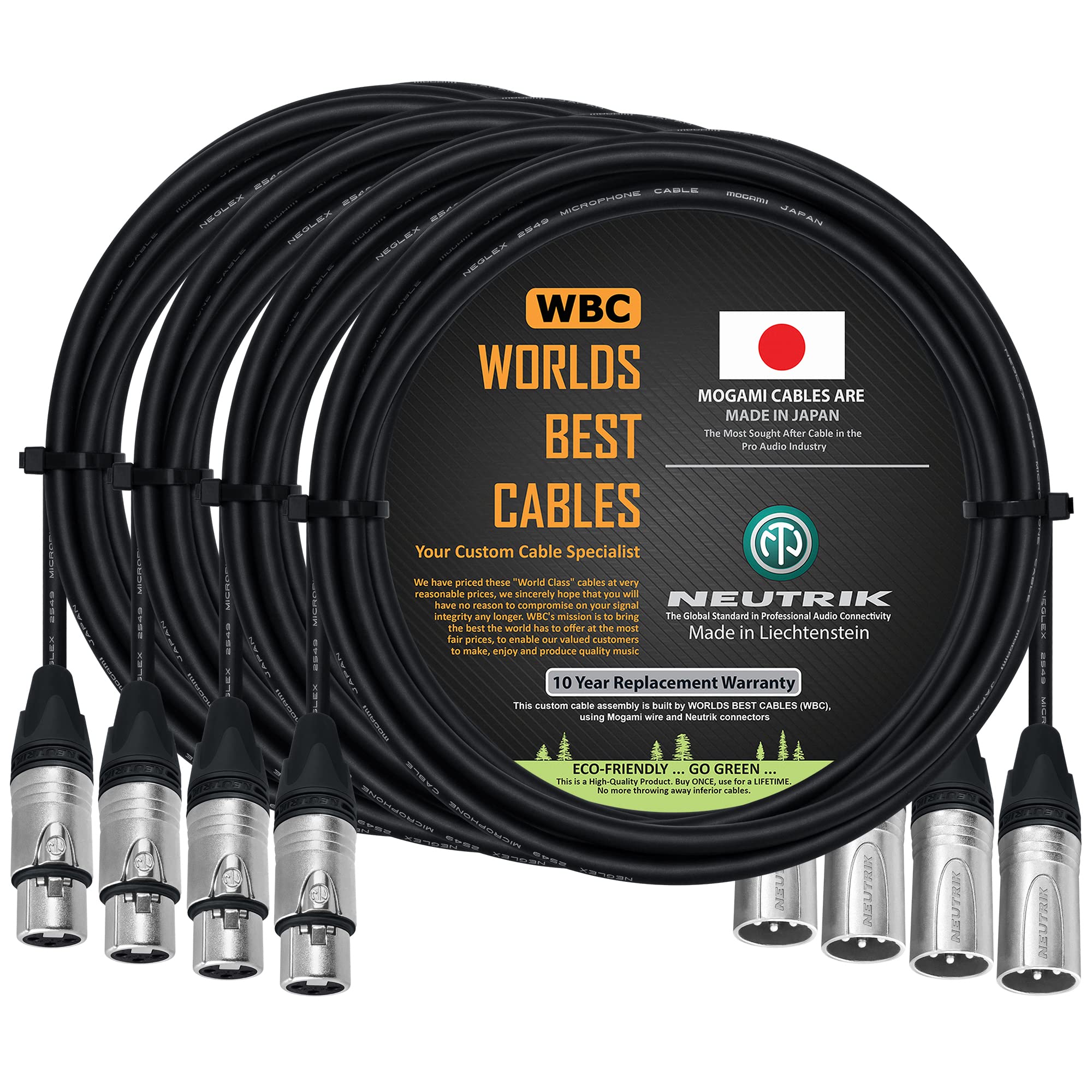 WORLDS BEST CABLES 4 Units - 15 Foot - Balanced Microphone Cable CUSTOM MADE using Mogami 2549 (Black) wire and Neutrik NC3MXX & NC3FXX Silver XLR Plugs