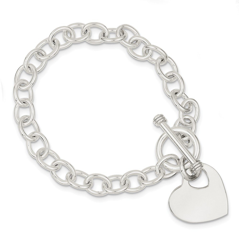 Sterling Silver Engraveable Heart Disc on Fancy Link Toggle Bracelet