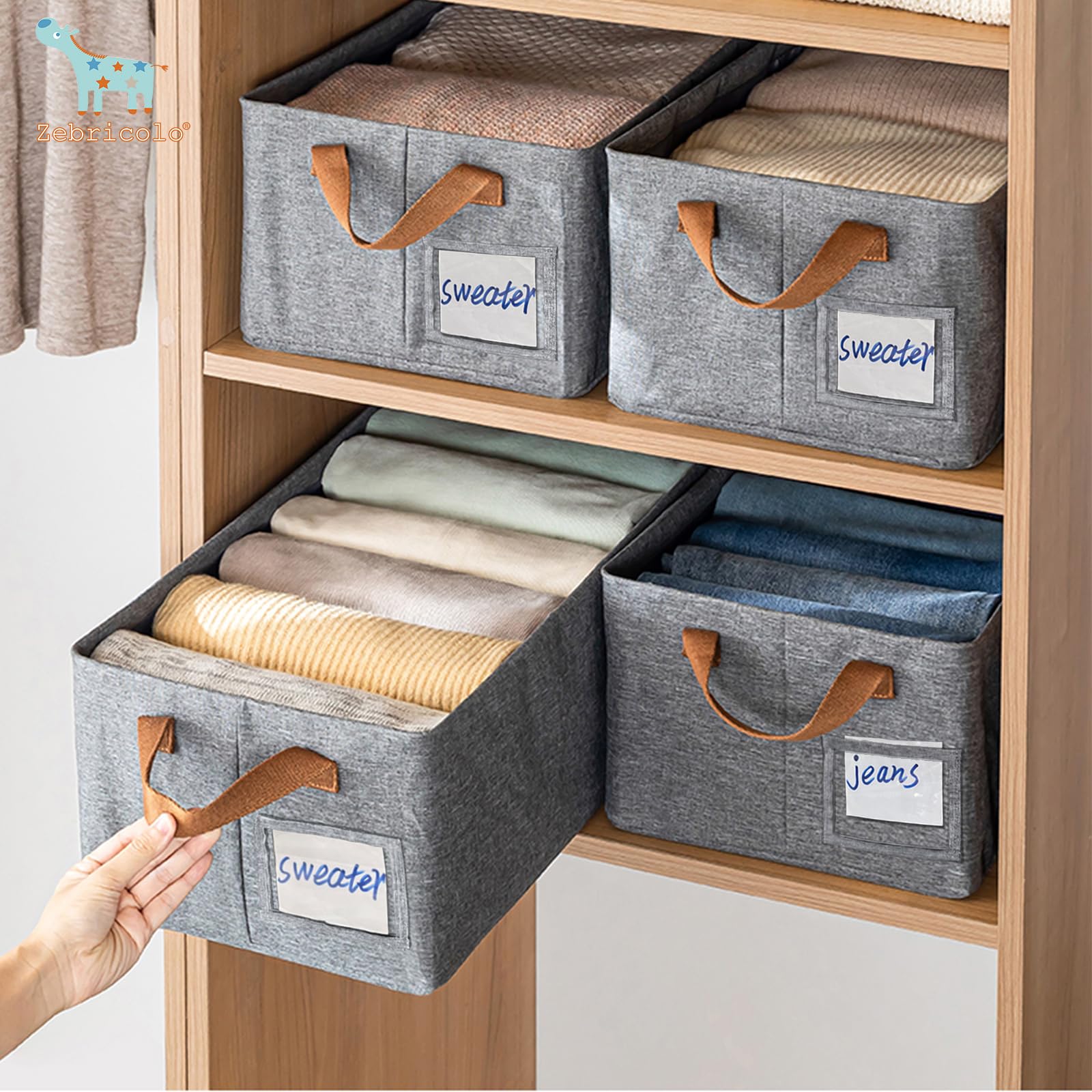 zebricolo 2-Pack | storage baskets for shelves | 16.6"| large storage baskets |2 with Double Label | closet baskets and bins for shelves | Big and deepl | rectangle storage basket |Grey