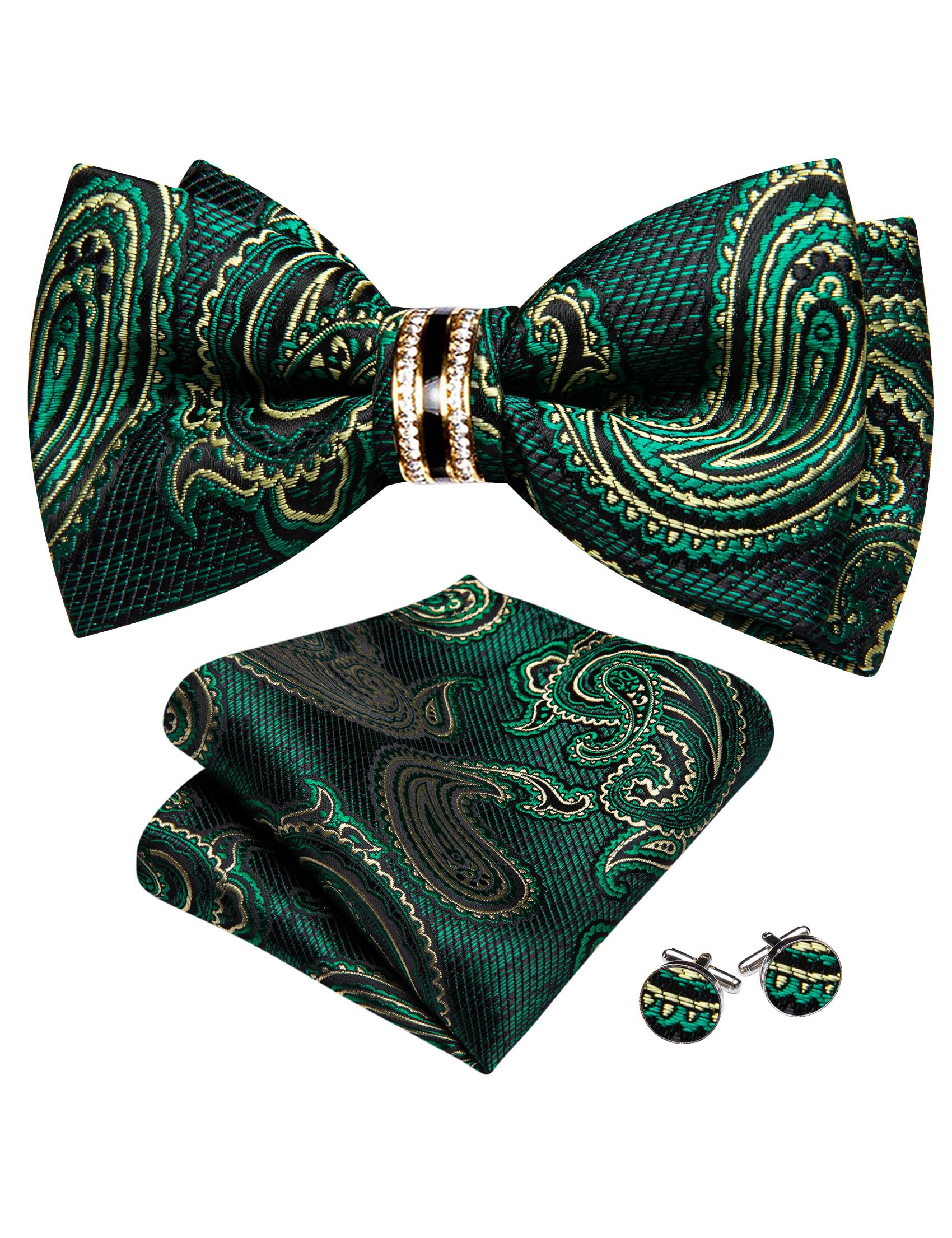 YOHOWA Green Gold Bow Tie and Pocket Square Set Pretied Bow Tie with Gold Diamond Ring