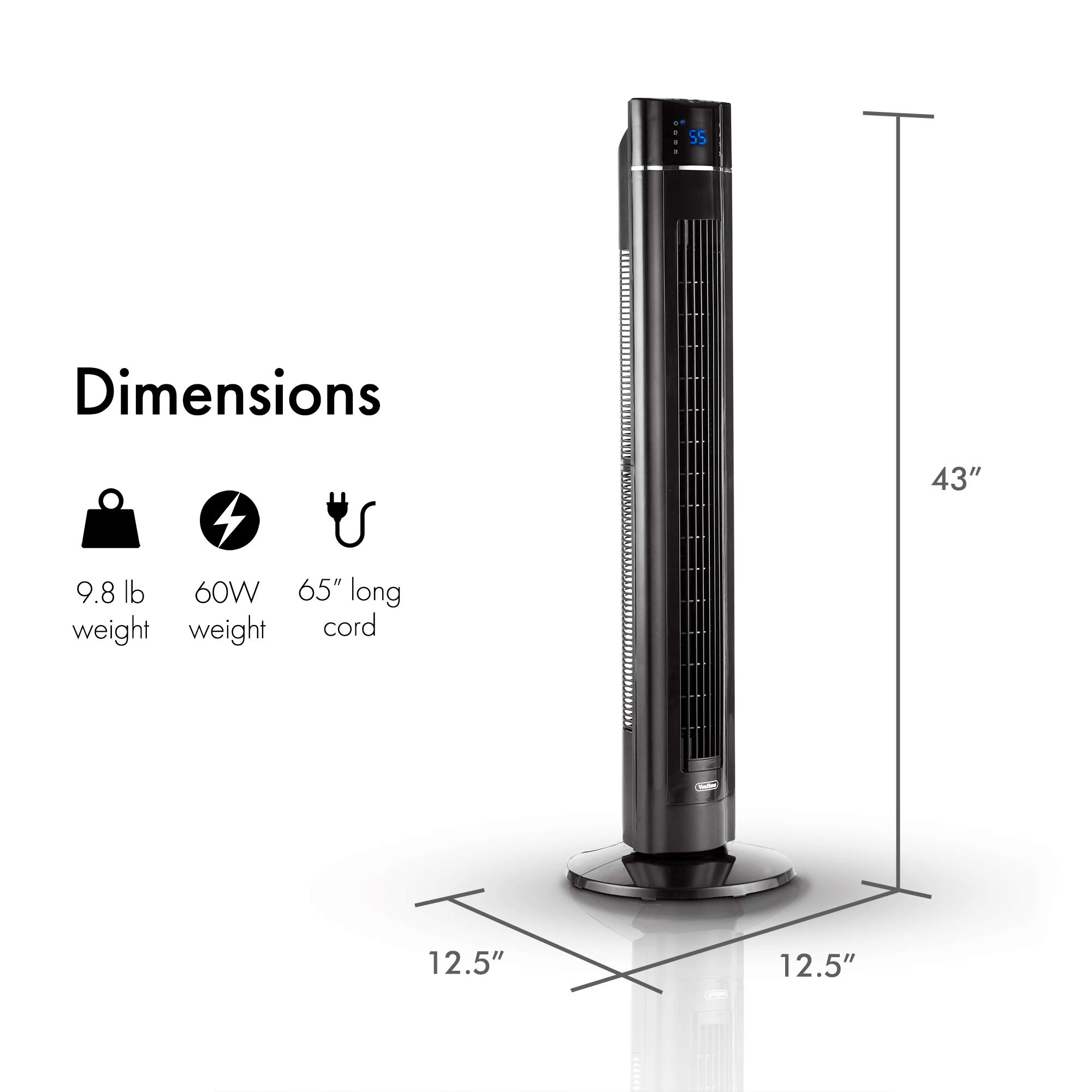VonHaus 43" Quiet Oscillating Tower Fan with Remote Control, LED Display, 3 Speed and Fan Settings, Aroma Tray and 1-8 Hour Timer
