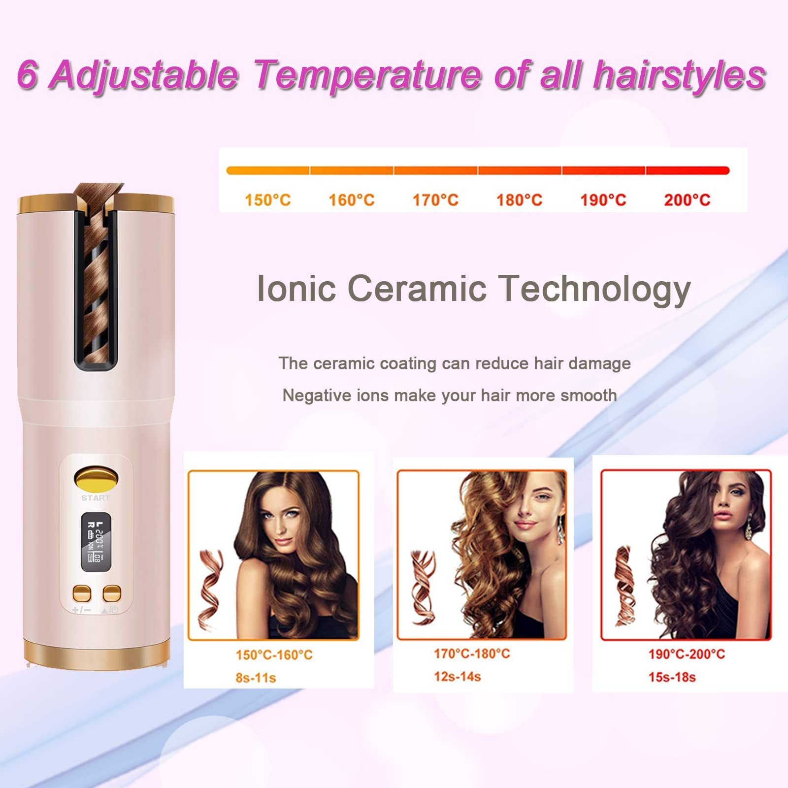 SENLLY Cordless Automatic Hair Curler, Auto Curling Iron with Adjustable 6 Temperature and 11 Timer Settings, Wireless Portable Rotating Wand for Hair Styling (30s Fast Instant Heat, 5000mAh)