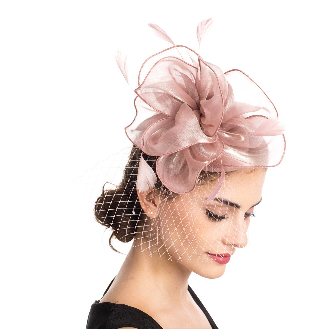 SAFERIN Fascinator for Women Hair Clip Hat Bowler Feather Flower Veil Wedding Party Hat Tea Hat(TA2-Pink)