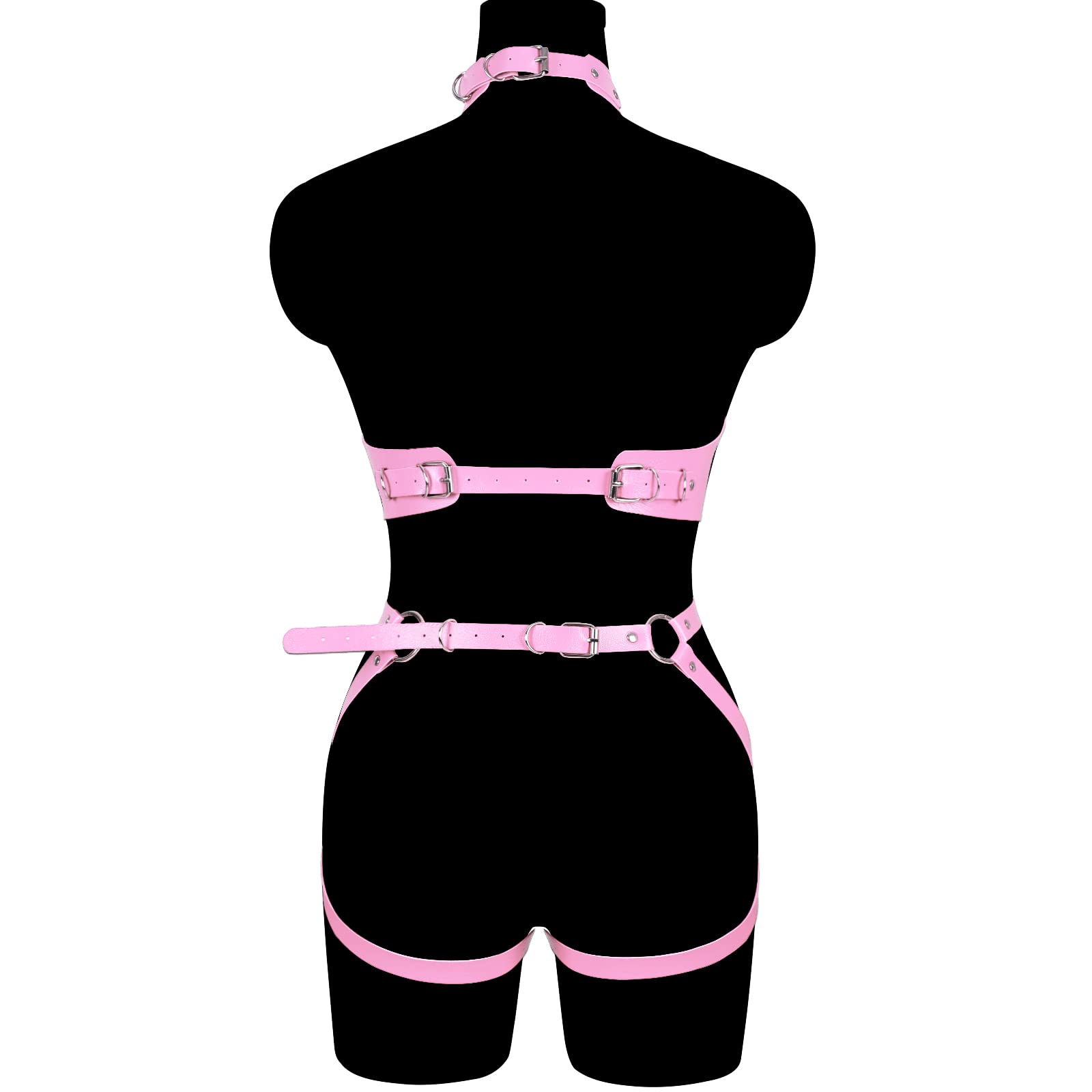 Waist Garter belt Punk Full body harness for women Photography Dance Rock Halloween Leather cage Chest strap set (Pink)