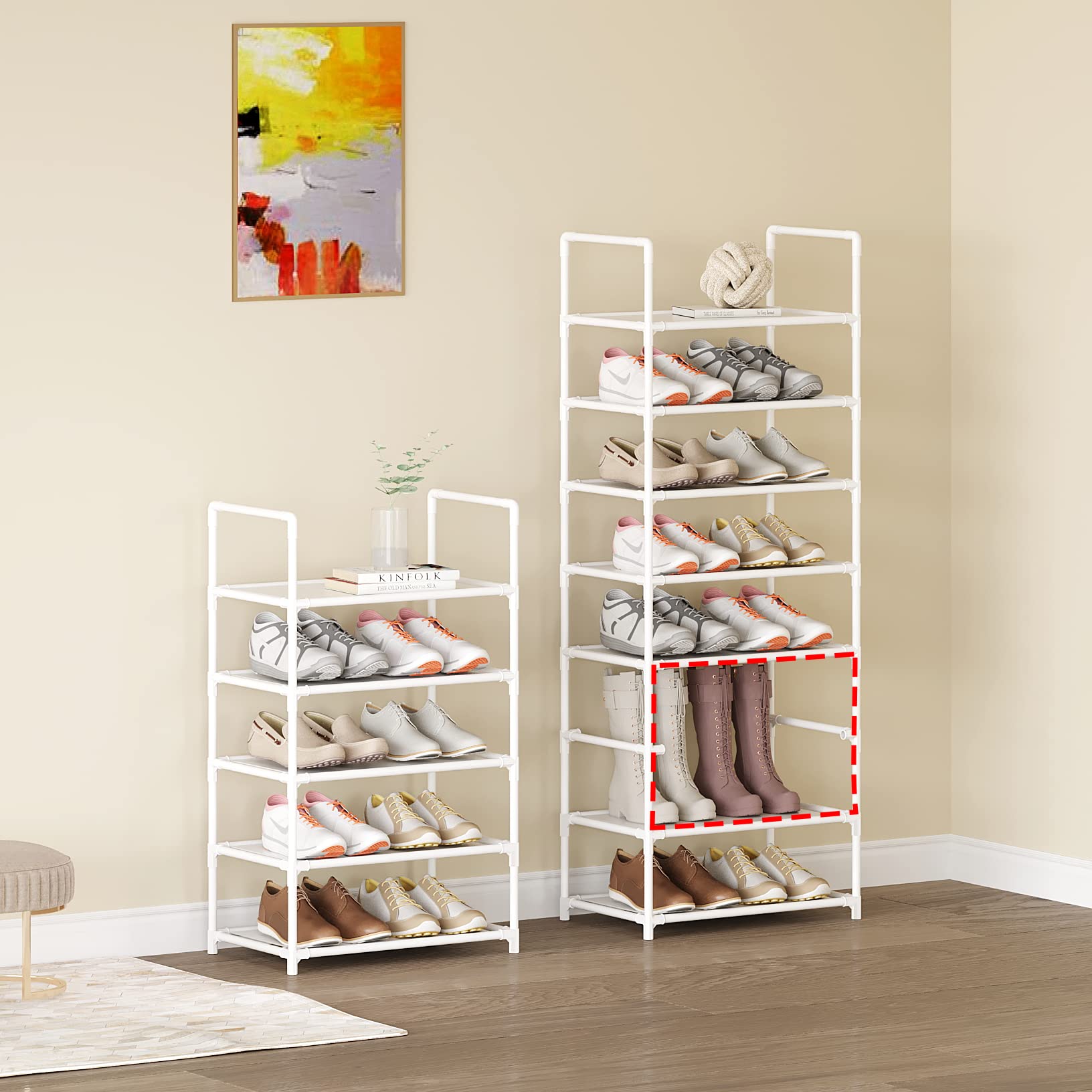 Vockot 5 Tier Stackable Small Shoe Rack,Narrow Sturdy Shoe Shelf Organizer, Non-Woven Fabric Metal Free Standing Shoe Racks for Entryway, Doorway and Closet(White)