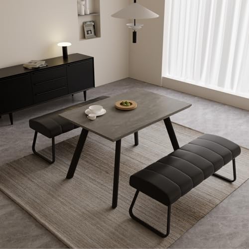 ZckyCine 47.2-inch Four-Person Dining Table Set with 2 Benches, Metal Frame and Wooden Combination, Space-Saving Design, Suitable for Home Kitchens and Restaurants (3-Piece Set)