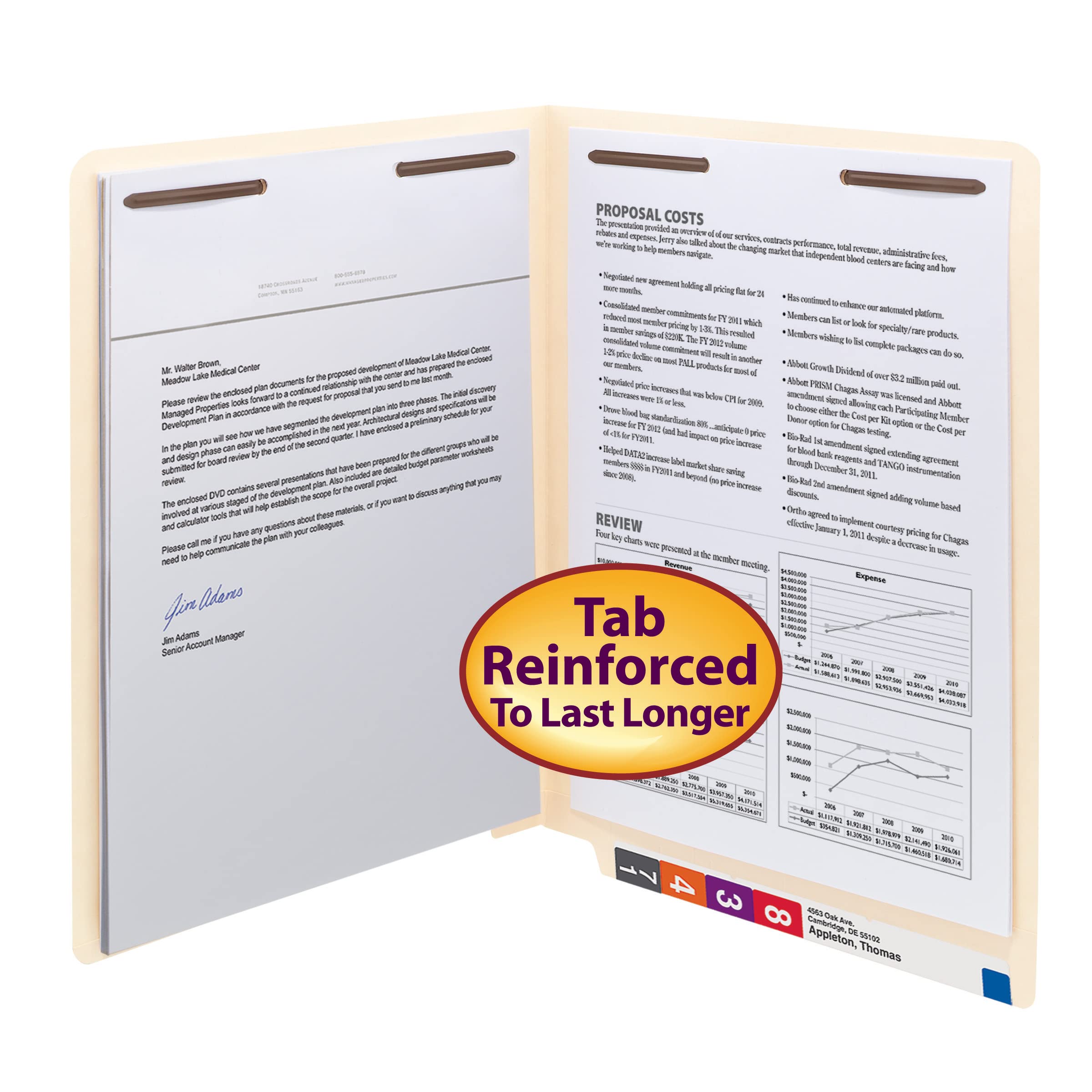 Smead Watershed/CutLess End Tab Fastener File Folder, Reinforced Straight-Cut Tab, 2 Fasteners, Letter Size, Manila, 50 per Box (34130)