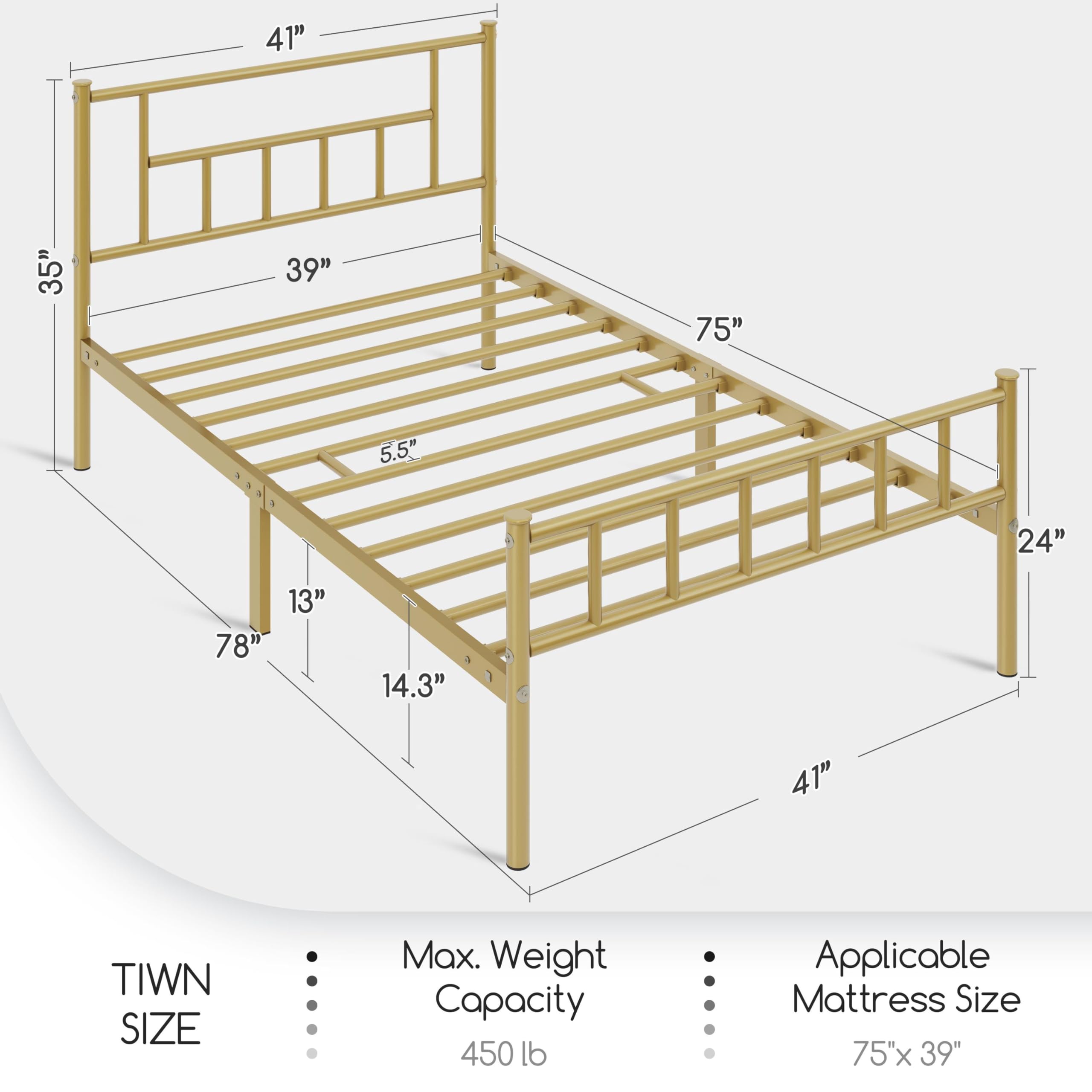 Yaheetech 13 inch King Size Metal Bed Frame with Headboard and Footboard Platform Bed Frame with Storage No Box Spring Needed Mattress Foundation Antique Gold