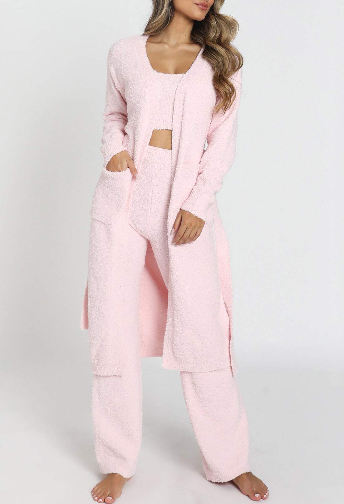 VamJump Womens 3 Piece Pajama Set Scoop Neck Vest Tops High Waist Pants Open Front Cardigan Set,Pink,S
