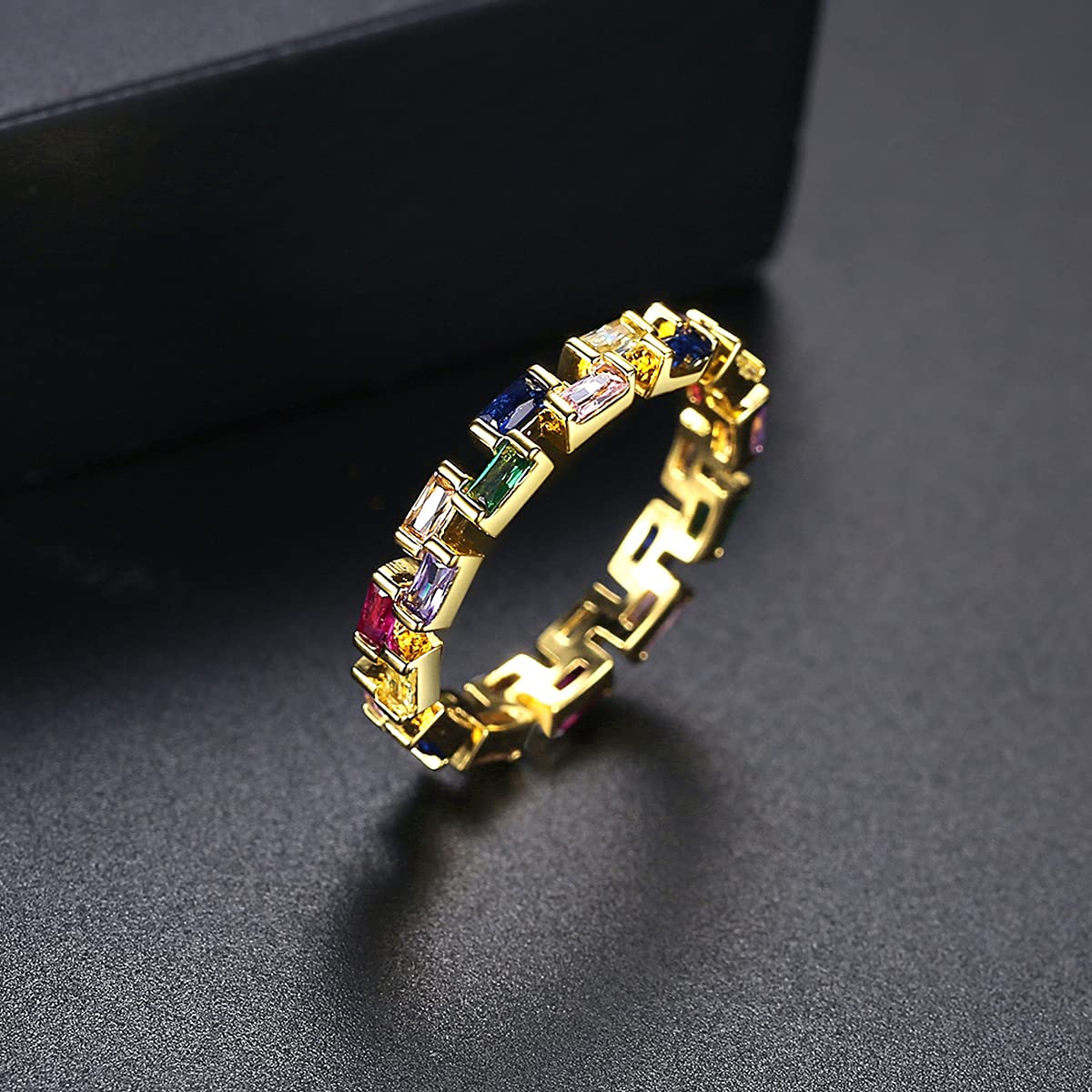 TEEMI-Eternity 18K Gold Plated Rainbow Colorful Cubic Zirconia Emerald Cut Eternity Ring Band Bling Ring (7)