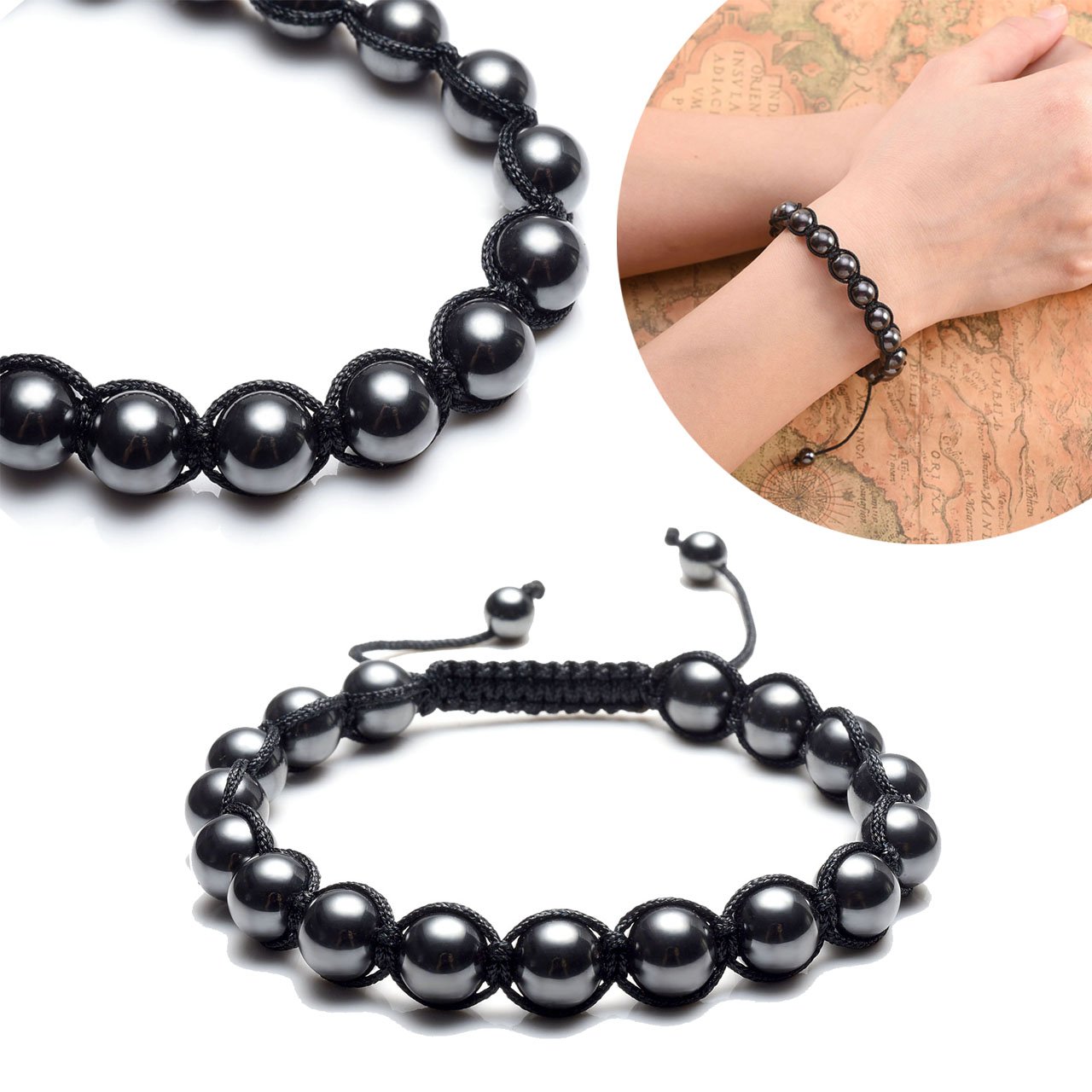 Top Plaza Men's Women's Reiki Healing Energy Natural Tiger Eye Stone Hematite Therapy Beads Macrame Adjustable Braided Link Bracelet(Set Of 3)