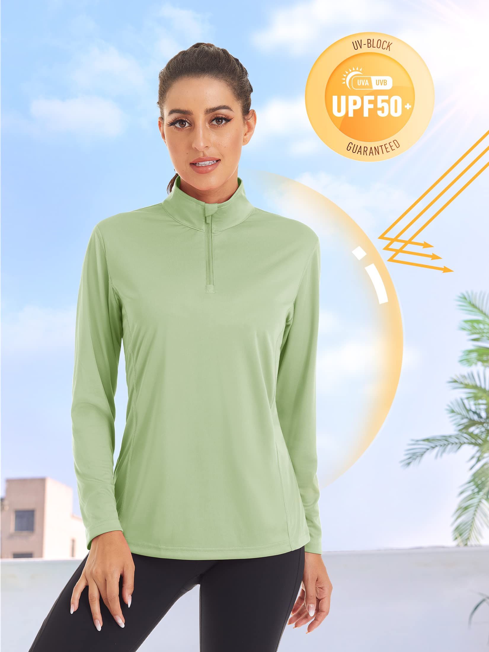 TACVASEN Women's Sun Shirts UV Protection Shirt Long Sleeve Workout Tops for Women Quarter Zip Pullover Light green, XL
