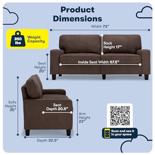 Serta Palisades Upholstered Sofas for Living Room Modern Design Couch, Straight Arms, Soft Fabric Upholstery, Tool-Free Assembly, 73" Sofa, Dark Brown